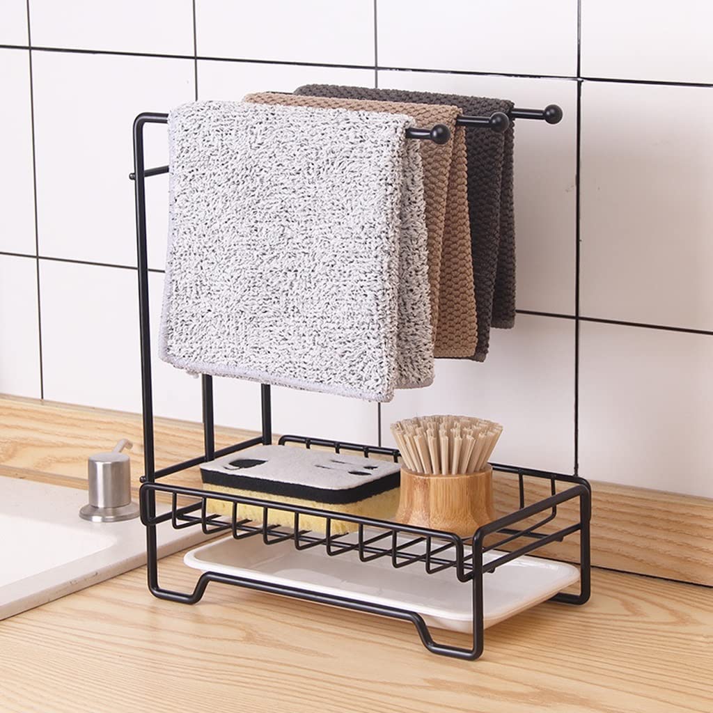 LUVADU ZCX Sink Organizer Sink Kitchen Towel Rack,Sponge Brush Holder with Drain Tray for Kitchen Bathroom Storage Soap Dispenser Organizer
