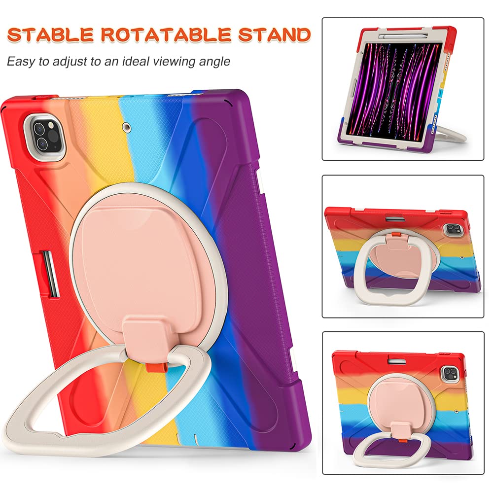 Kids Case for iPad Pro 12.9 Inch 6th/5th/4th/3rd Generation 2022 2021 2020 2018, SCSVPN Shockproof Silicone Protection Cover with Pencil Holder- Rotating Stand/Handle- Shoulder Strap, Colorful Red