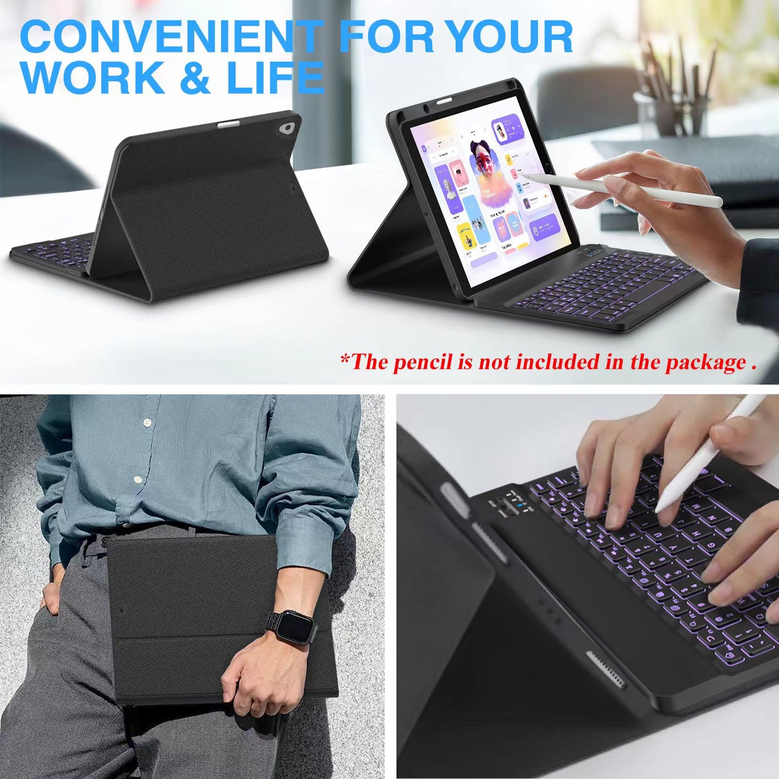 BLUTLOTUS for iPad 9th Generation Case with Keyboard 10.2 Inch - Backlit Wireless Detachable Folio Keyboard Cover with Pencil Holder for iPad 8th Gen/7th Gen/iPad Pro 10.5"/iPad Air 3rd Gen (Black)