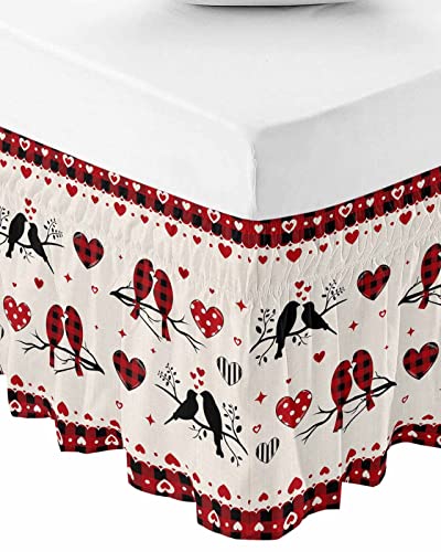 Valentine's Day Bed Skirt Queen Size 18 Inch Drop, Adjustable & Elastic Wrap Around Bed Skirts Pleated Luxury Dust Ruffles for Twin Full Queen Cal King Base Bed, Burlap Love-Bird Red Black Plaid