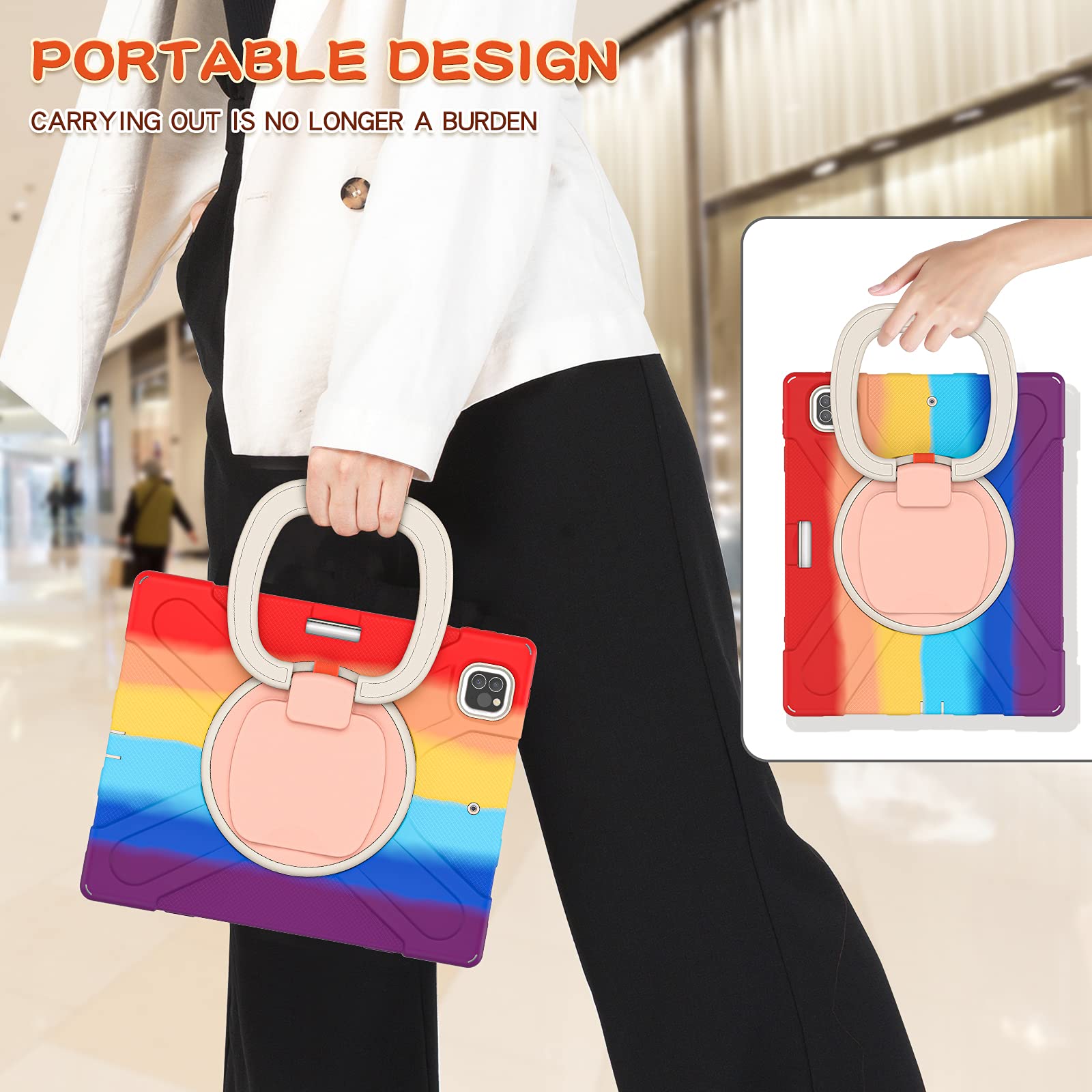 Kids Case for iPad Pro 12.9 Inch 6th/5th/4th/3rd Generation 2022 2021 2020 2018, SCSVPN Shockproof Silicone Protection Cover with Pencil Holder- Rotating Stand/Handle- Shoulder Strap, Colorful Red