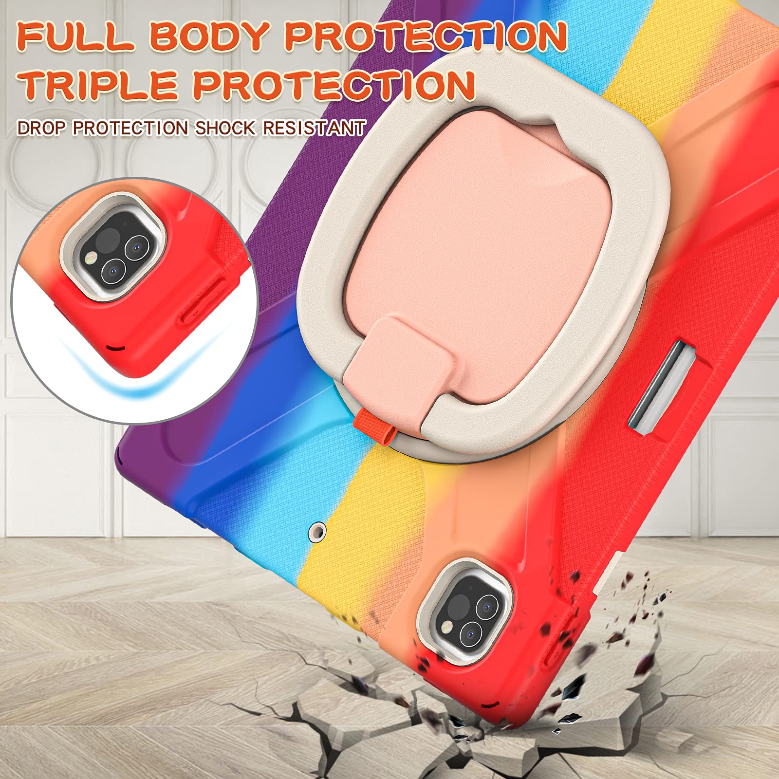Kids Case for iPad Pro 12.9 Inch 6th/5th/4th/3rd Generation 2022 2021 2020 2018, SCSVPN Shockproof Silicone Protection Cover with Pencil Holder- Rotating Stand/Handle- Shoulder Strap, Colorful Red
