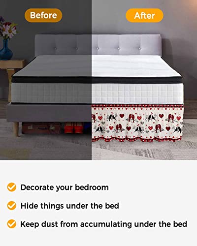 Valentine's Day Bed Skirt Queen Size 18 Inch Drop, Adjustable & Elastic Wrap Around Bed Skirts Pleated Luxury Dust Ruffles for Twin Full Queen Cal King Base Bed, Burlap Love-Bird Red Black Plaid