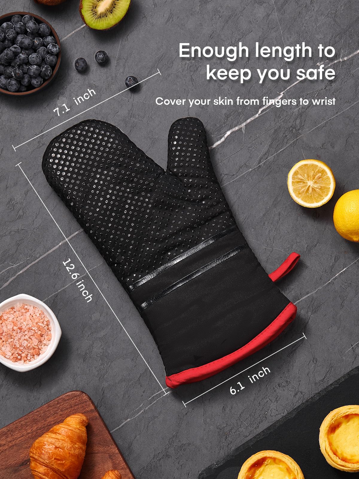 Oven Mitts, Heat Resistant Kitchen Oven Gloves 572°F, Non-Slip Silicone Surface, Extra Long Flexible Thick Mitts for Kitchen, Cooking, Baking, BBQ, Black