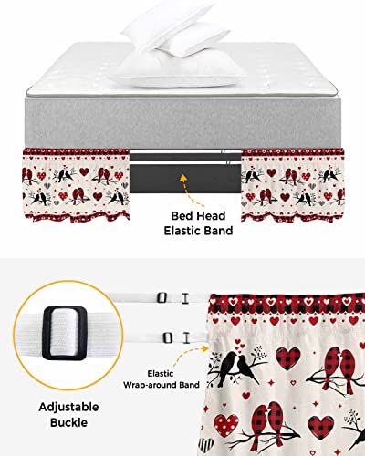 Valentine's Day Bed Skirt Queen Size 18 Inch Drop, Adjustable & Elastic Wrap Around Bed Skirts Pleated Luxury Dust Ruffles for Twin Full Queen Cal King Base Bed, Burlap Love-Bird Red Black Plaid