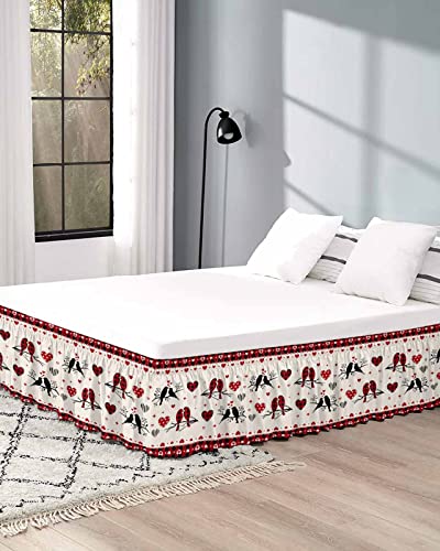 Valentine's Day Bed Skirt Queen Size 18 Inch Drop, Adjustable & Elastic Wrap Around Bed Skirts Pleated Luxury Dust Ruffles for Twin Full Queen Cal King Base Bed, Burlap Love-Bird Red Black Plaid