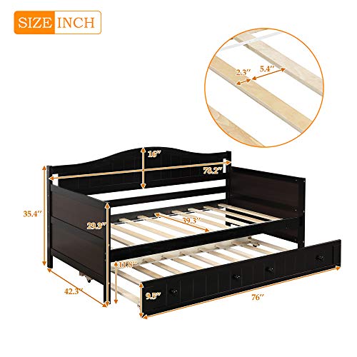 Merax Classic Wood Daybed with Trundle Twin to King Day Bed Frame No Box Spring Needed