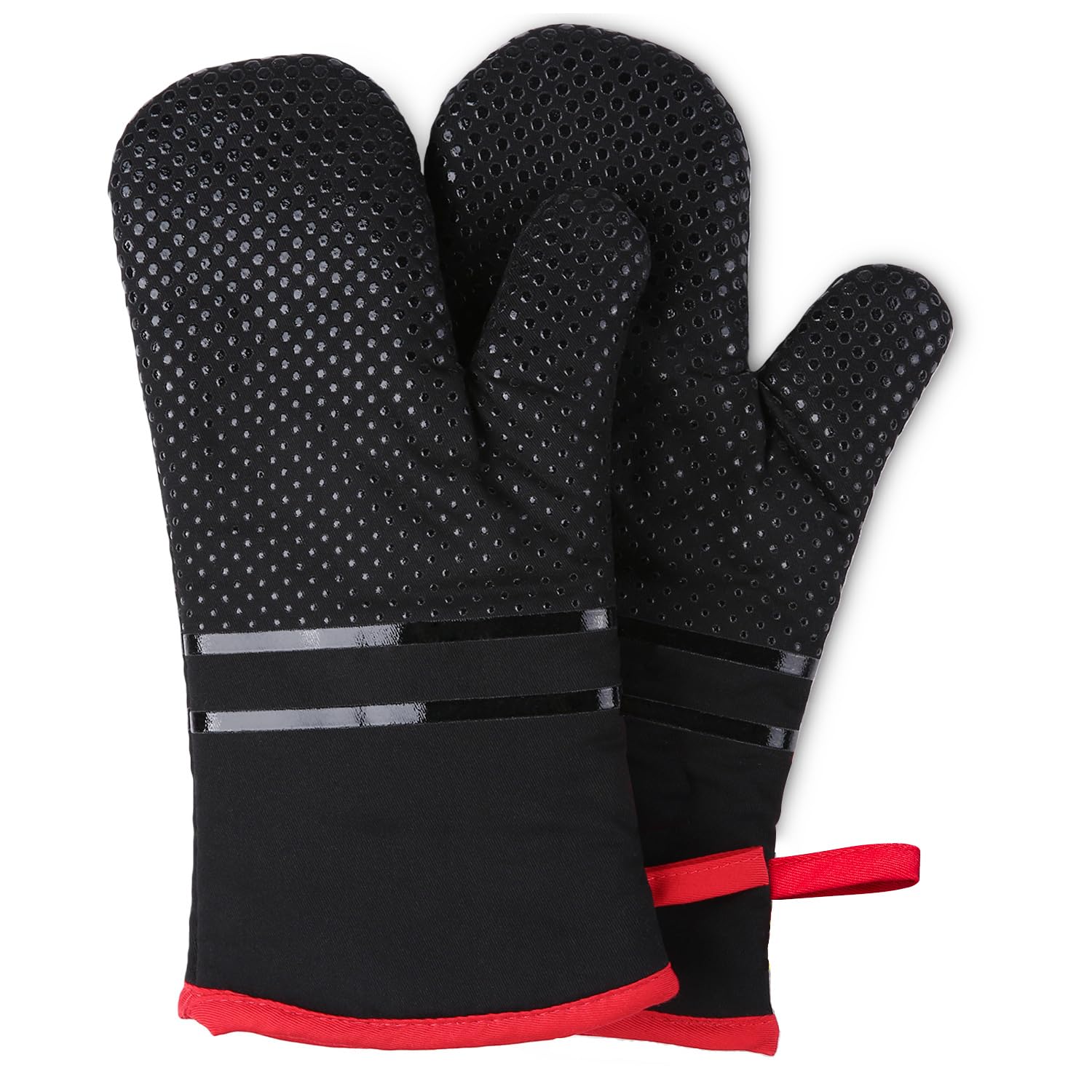 Oven Mitts, Heat Resistant Kitchen Oven Gloves 572°F, Non-Slip Silicone Surface, Extra Long Flexible Thick Mitts for Kitchen, Cooking, Baking, BBQ, Black