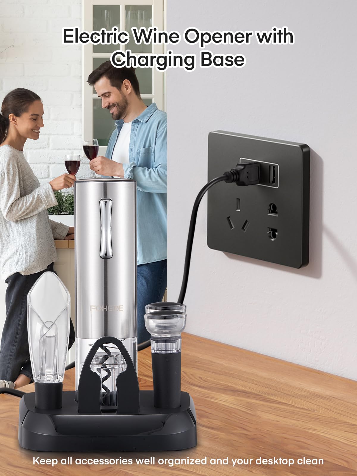 FOHERE Electric Wine Opener, Automatic Electric Wine Bottle Corkscrew Opener with Foil Cutter, Wine Aerator Pourer, Vacuum Stopper, and Charging Base, Rechargeable (Stainless Steel)