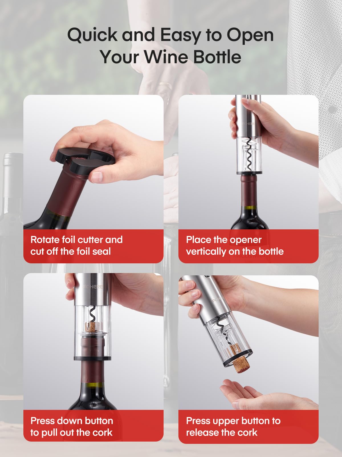 FOHERE Electric Wine Opener, Automatic Electric Wine Bottle Corkscrew Opener with Foil Cutter, Wine Aerator Pourer, Vacuum Stopper, and Charging Base, Rechargeable (Stainless Steel)