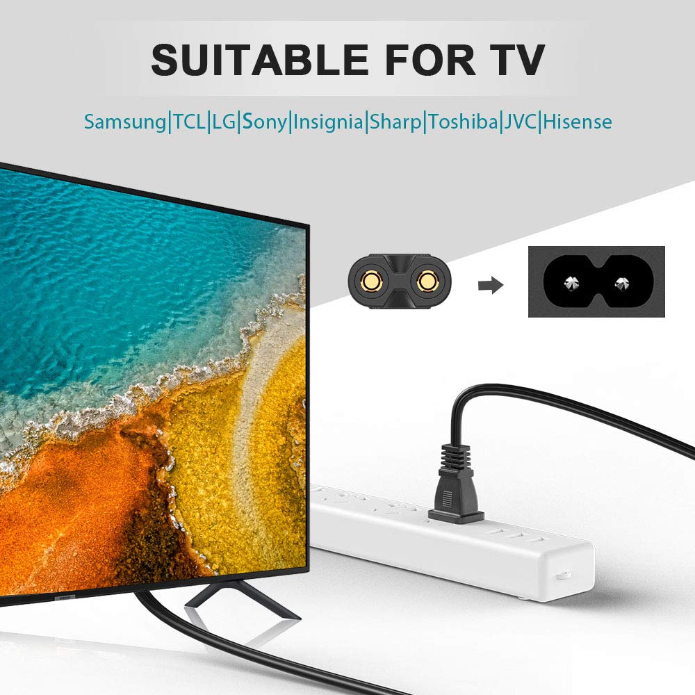 TV Power Cord for Samsung LG TCL Sony: 6Ft 2 Prong AC Wall Plug 2-Slot LED LCD Cable Insignia Sharp Toshiba JVC Hisense Electronics UN65KS8000FXZA UN40J5200AFXZA 43UH6100