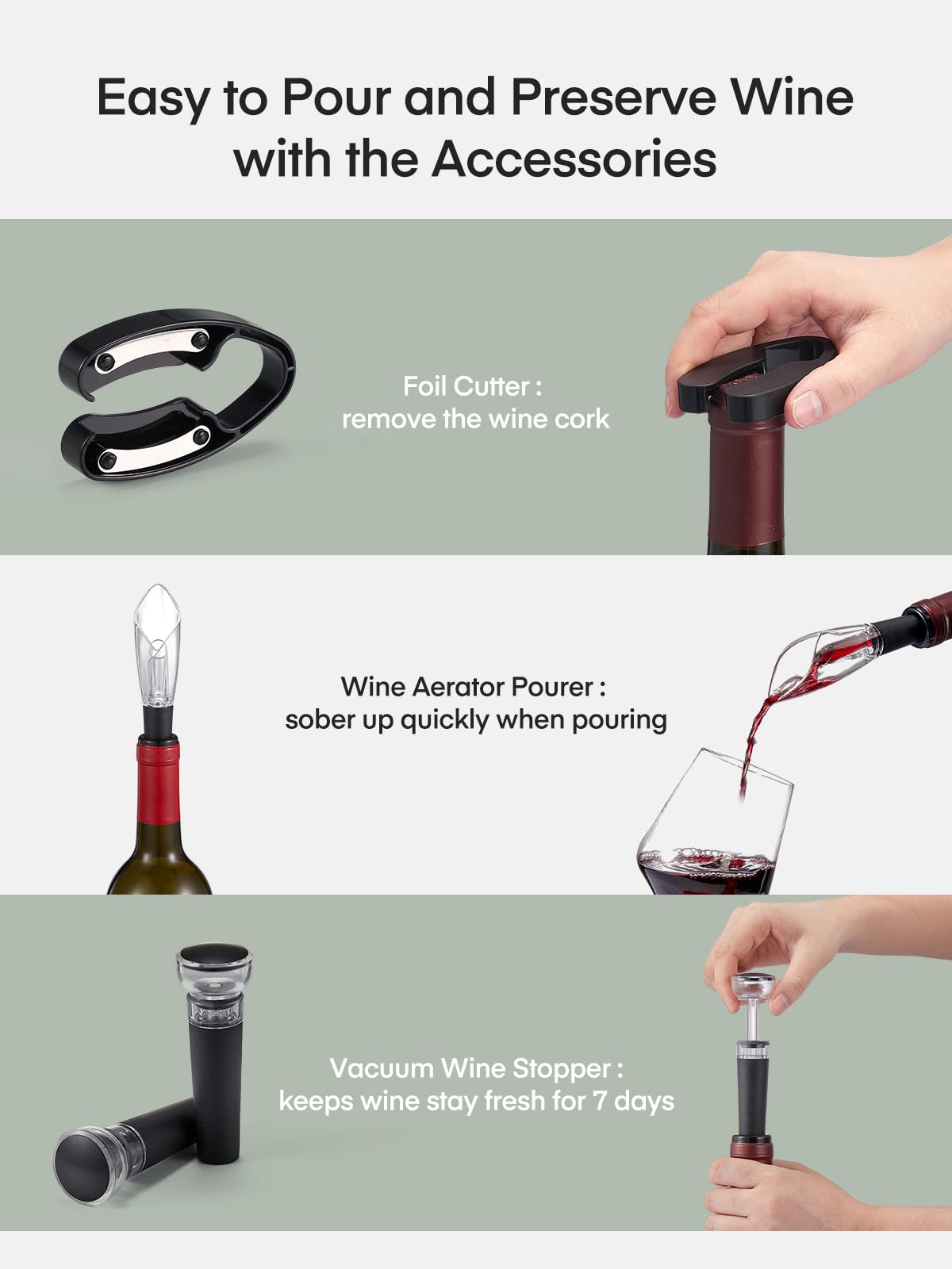 FOHERE Electric Wine Opener, Automatic Electric Wine Bottle Corkscrew Opener with Foil Cutter, Wine Aerator Pourer, Vacuum Stopper, and Charging Base, Rechargeable (Stainless Steel)