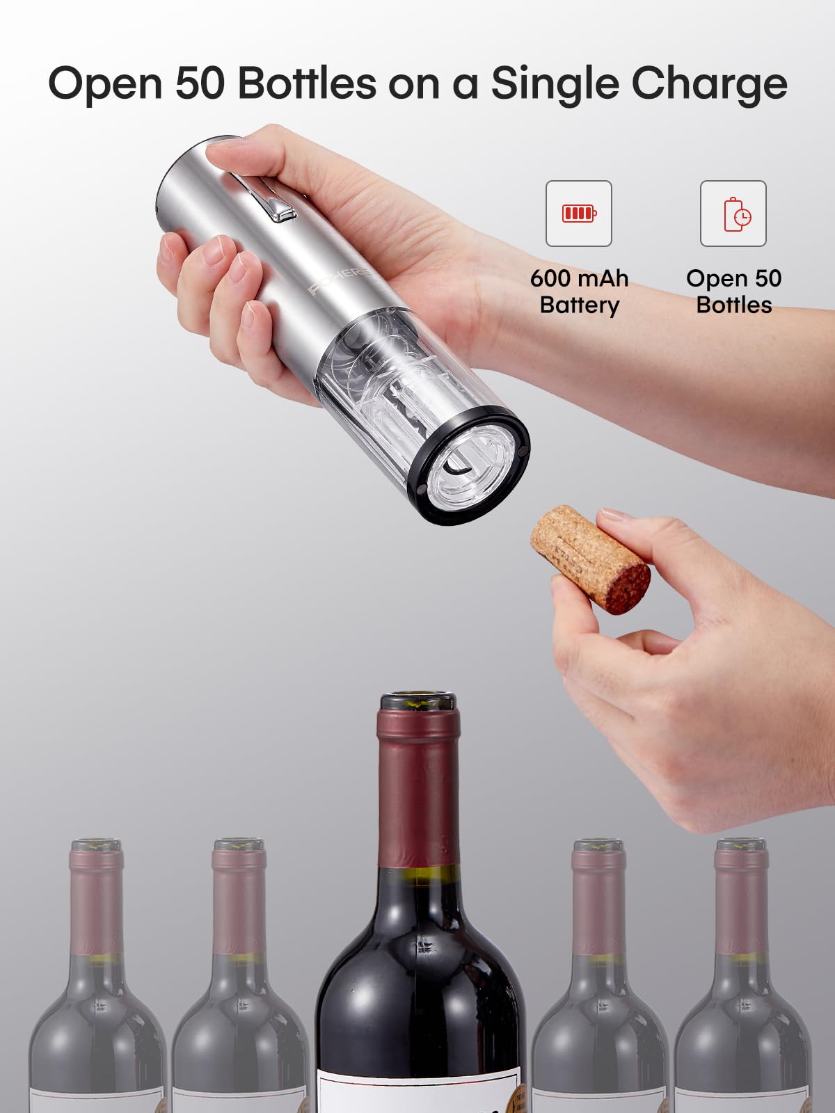 FOHERE Electric Wine Opener, Automatic Electric Wine Bottle Corkscrew Opener with Foil Cutter, Wine Aerator Pourer, Vacuum Stopper, and Charging Base, Rechargeable (Stainless Steel)