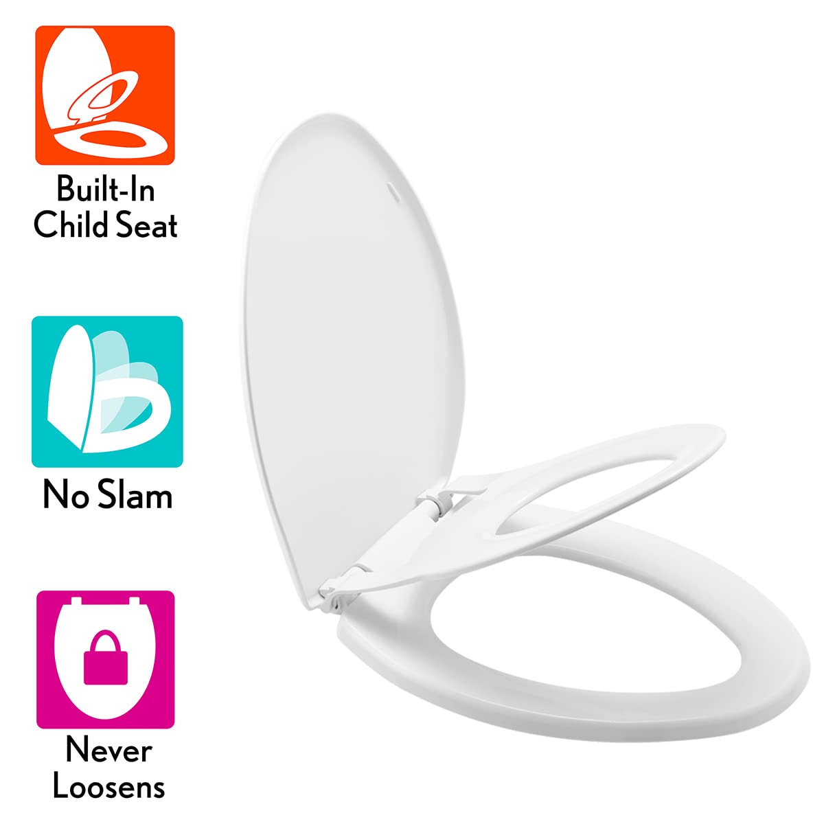 Little2Big 181SLOW 000 Toilet Seat with Built-In Potty Training Seat, Slow-Close, and will Never Loosen, ELONGATED, White
