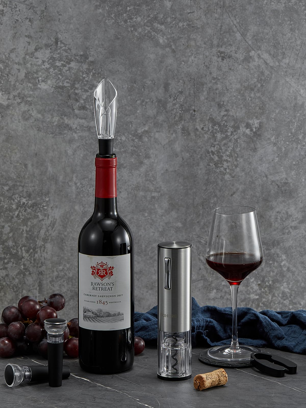 FOHERE Electric Wine Opener, Automatic Electric Wine Bottle Corkscrew Opener with Foil Cutter, Wine Aerator Pourer, Vacuum Stopper, and Charging Base, Rechargeable (Stainless Steel)