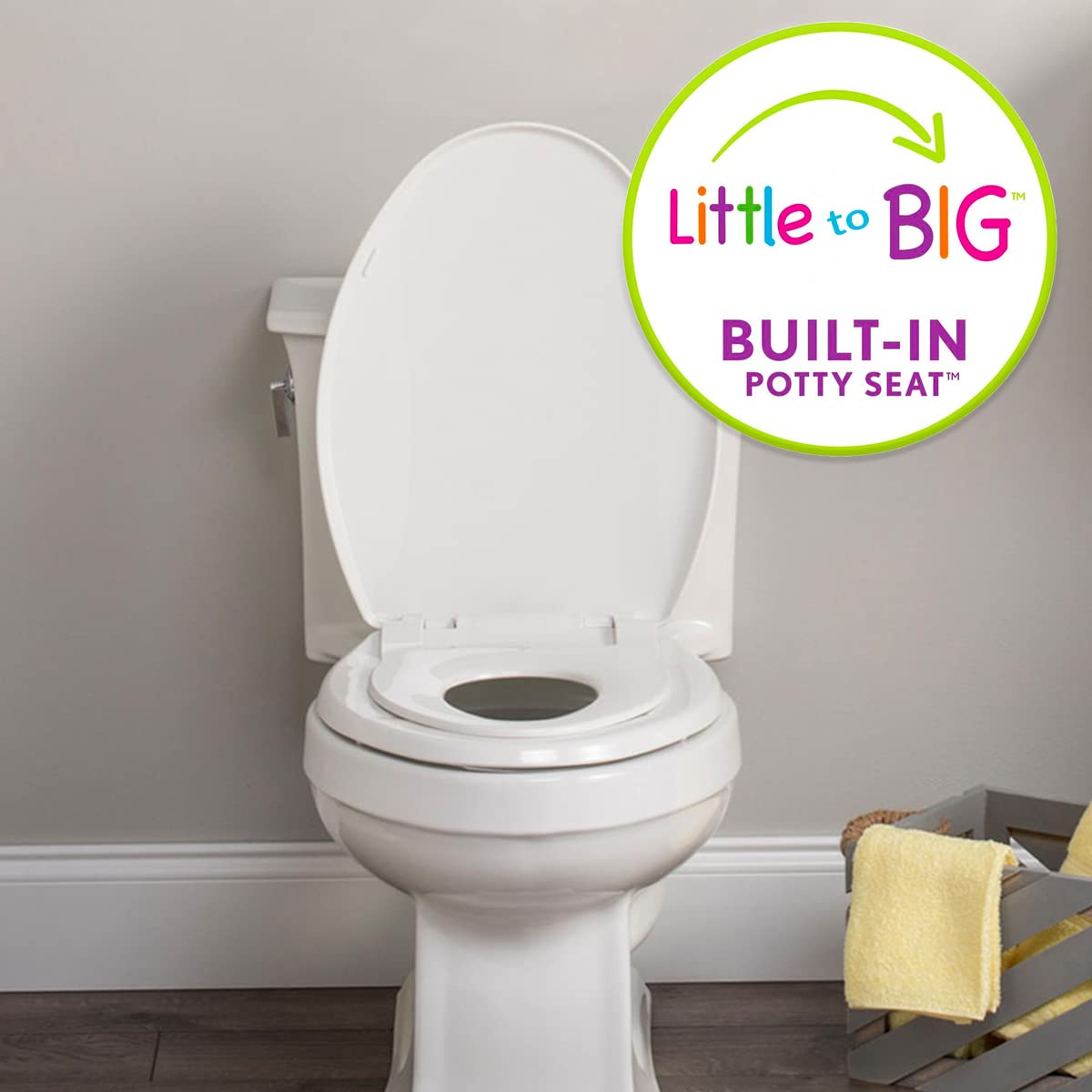 Little2Big 181SLOW 000 Toilet Seat with Built-In Potty Training Seat, Slow-Close, and will Never Loosen, ELONGATED, White