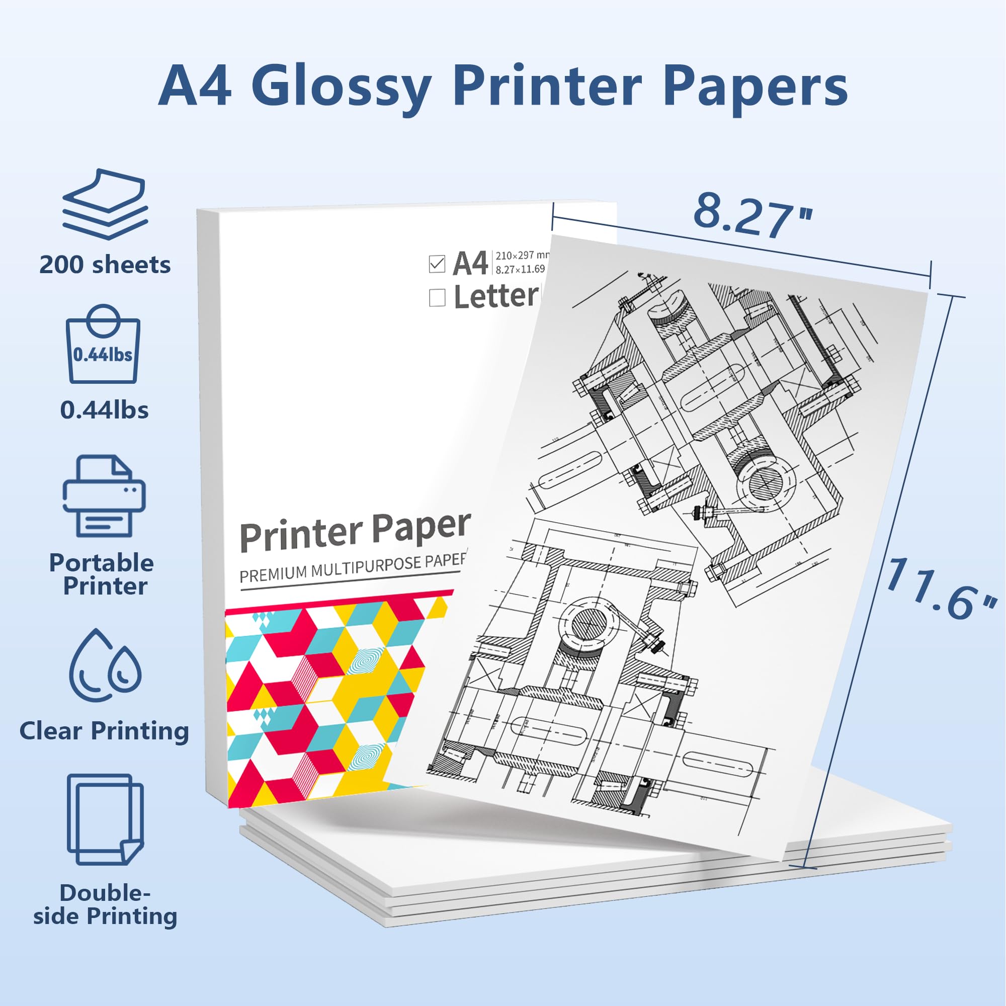 A4 Printer Paper, Multipurpose Copy Paper for Laser Printer, Inkjet Printer, Itari Copy Paper for Printer, Compatible with Phomemo P831 HPRT MT800 Thermal Transfer Printer, 200 Sheets, Glossy, White