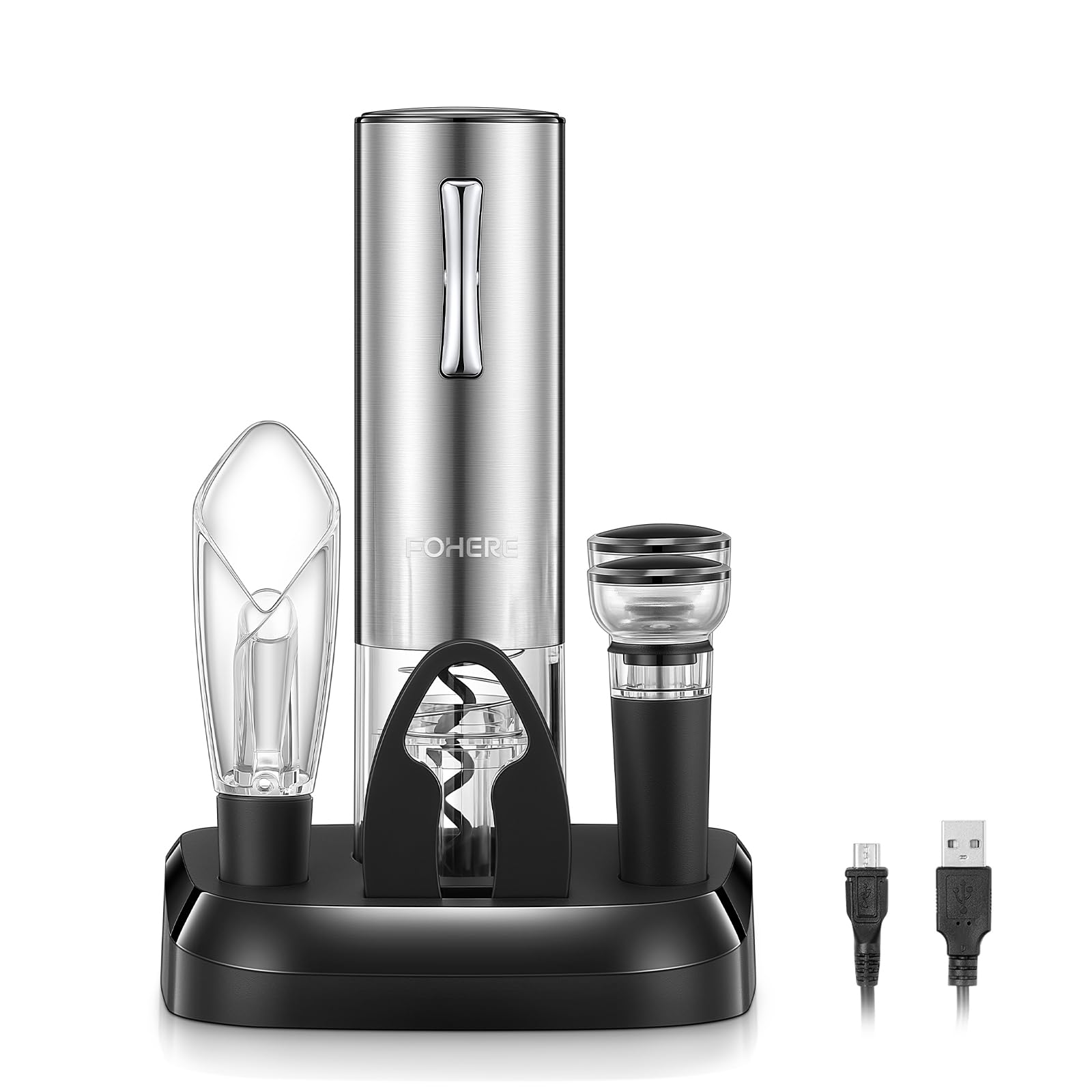 FOHERE Electric Wine Opener, Automatic Electric Wine Bottle Corkscrew Opener with Foil Cutter, Wine Aerator Pourer, Vacuum Stopper, and Charging Base, Rechargeable (Stainless Steel)