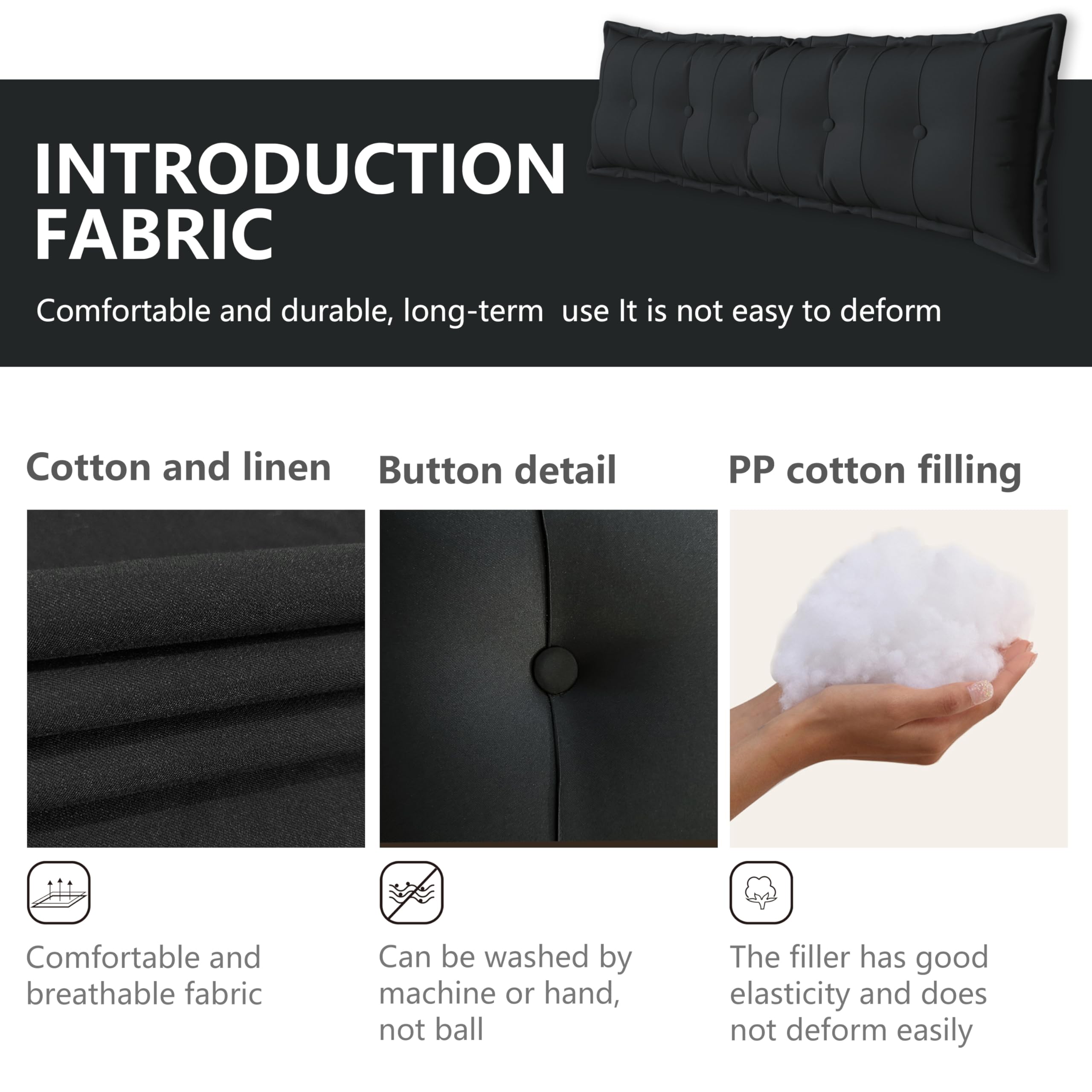 Johnear Bolster Pillow Headboard Backrest Pillow Large Daybed Cushion Lumber Back Pad Support Positioning Sofa Bed Rest Reading Pillow (Black, 76 x 3 x 20 inches)