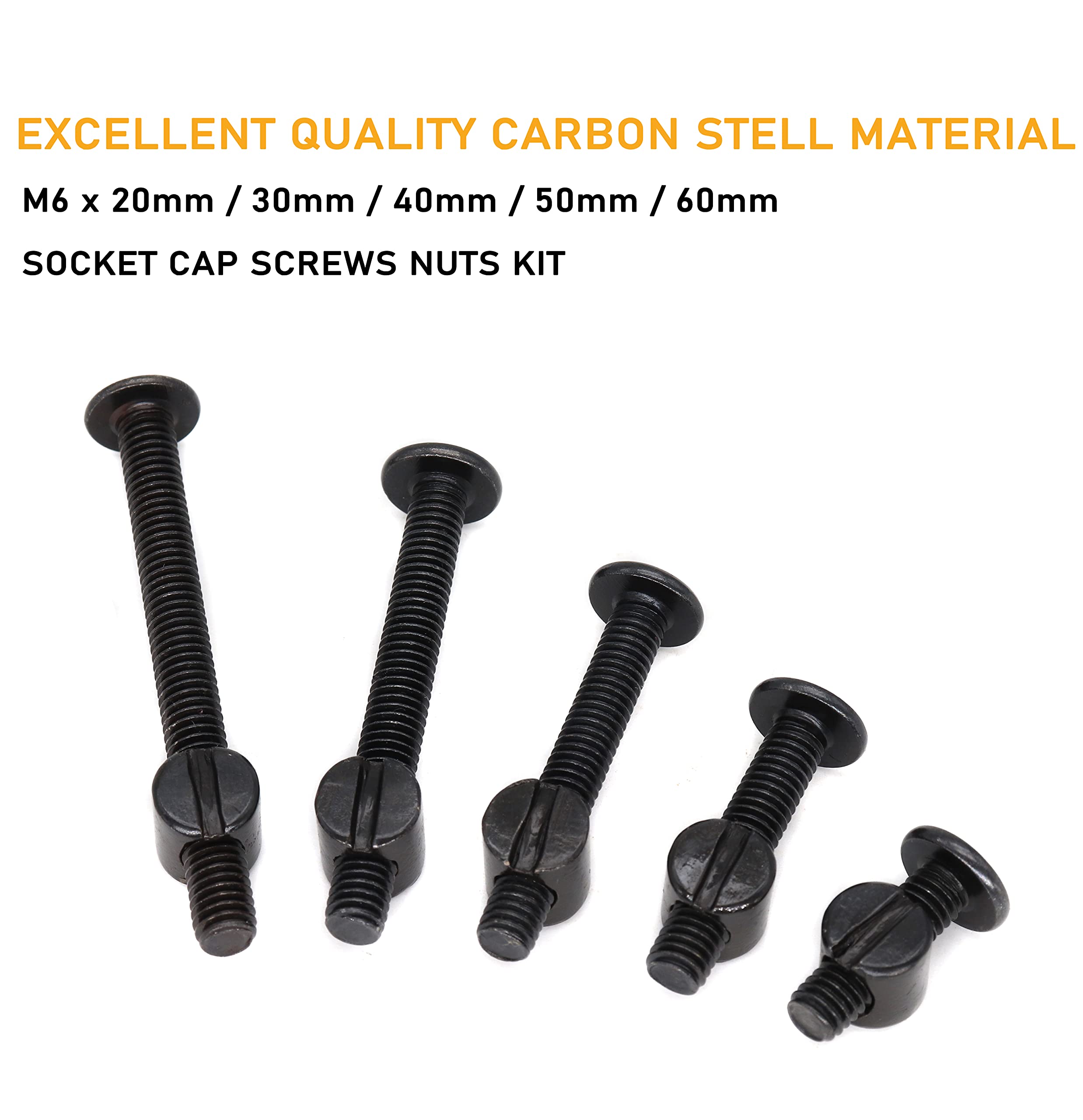binifiMux 50pcs Crib Hardware Screws, M6 x 20mm/ 30mm/ 40mm/ 50mm/ 60mm Black Hex Socket Cap Bolts Barrel Nuts Assortment Kit for Cot Crib Bed Chairs