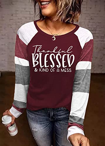 Thankful Blessed and Kind of a Mess Shirt Women Blessed Tshirt Color Block Splicing Top Thanksgiving Long Sleeve Shirt Red