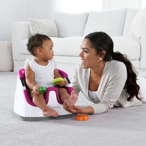 Ingenuity Baby Base 2-in-1 Booster Feeding and Floor Seat with Self-Storing Tray - Pink Flambe