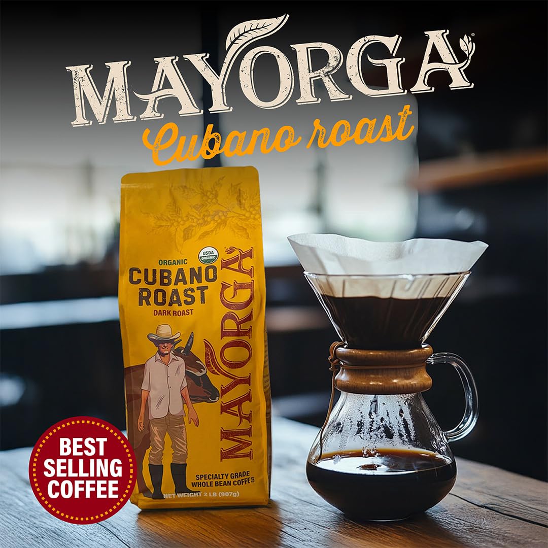 Mayorga Dark Roast Coffee, 2 lb bag - Café Cubano Coffee Roast - 100% Arabica Whole Coffee Beans - Smoothest Organic Coffee - Specialty Grade, Non-GMO, Direct Trade