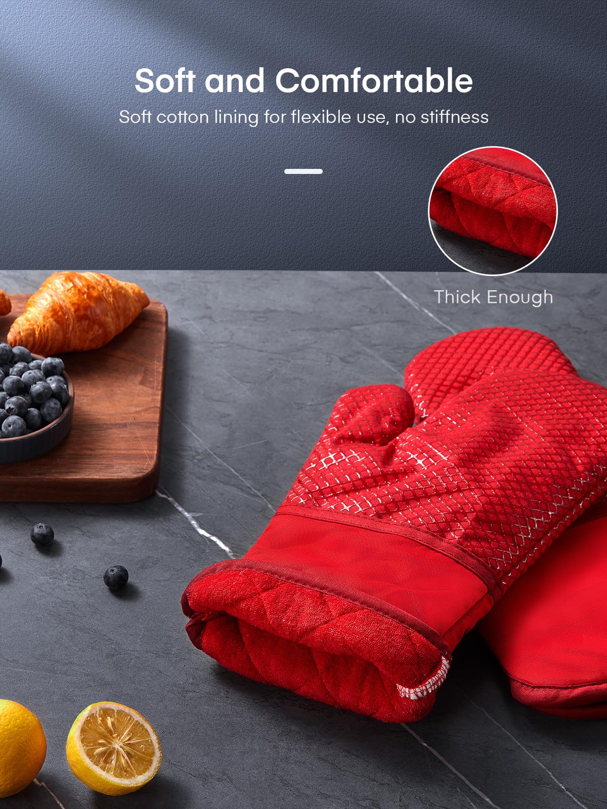 Oven Mitts, Heat Resistant Kitchen Oven Gloves 572°F, Non-Slip Silicone Surface, Extra Long Flexible Thick Mitts for Kitchen, Cooking, Baking, BBQ, Grid Red