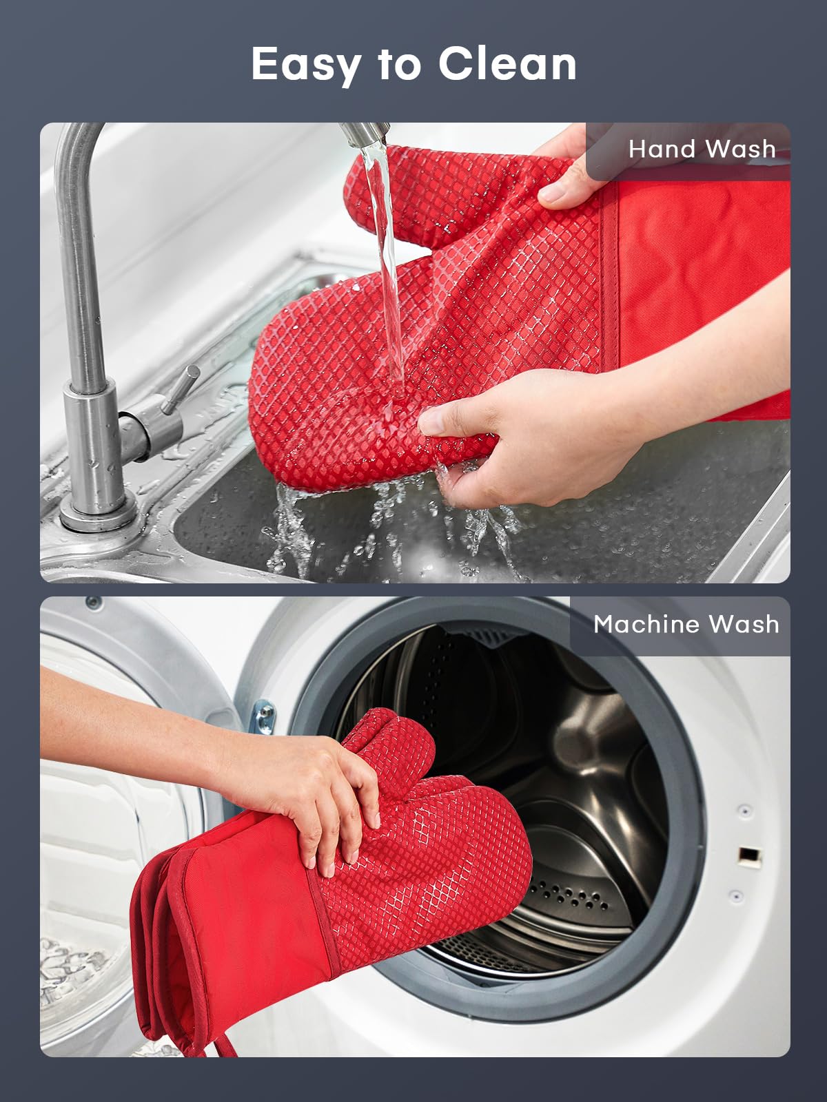 Oven Mitts, Heat Resistant Kitchen Oven Gloves 572°F, Non-Slip Silicone Surface, Extra Long Flexible Thick Mitts for Kitchen, Cooking, Baking, BBQ, Grid Red