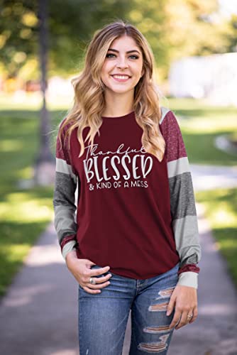 Thankful Blessed and Kind of a Mess Shirt Women Blessed Tshirt Color Block Splicing Top Thanksgiving Long Sleeve Shirt Red