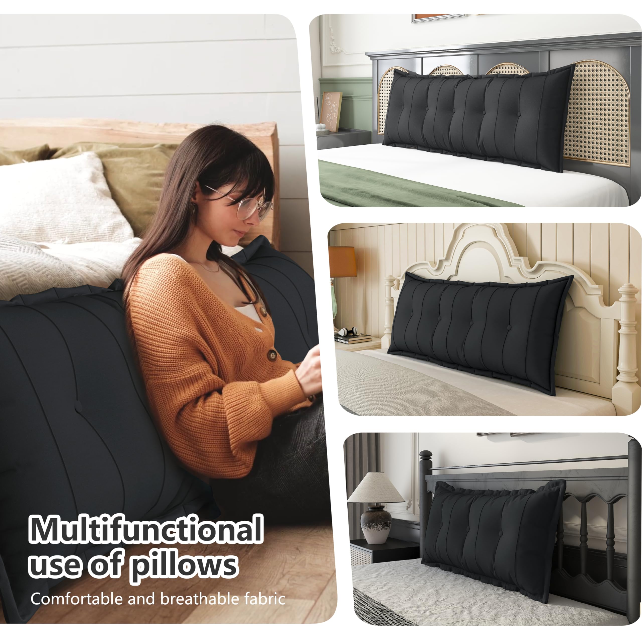 Johnear Bolster Pillow Headboard Backrest Pillow Large Daybed Cushion Lumber Back Pad Support Positioning Sofa Bed Rest Reading Pillow (Black, 76 x 3 x 20 inches)