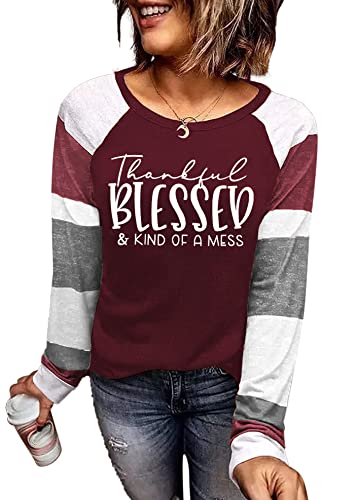 Thankful Blessed and Kind of a Mess Shirt Women Blessed Tshirt Color Block Splicing Top Thanksgiving Long Sleeve Shirt Red