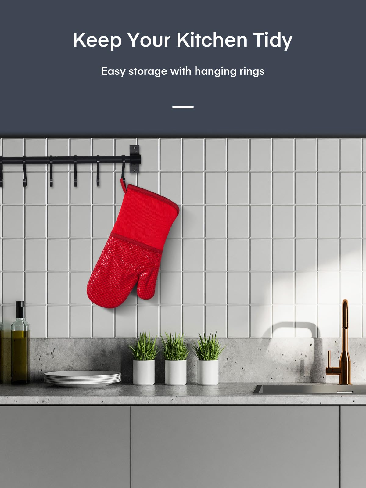 Oven Mitts, Heat Resistant Kitchen Oven Gloves 572°F, Non-Slip Silicone Surface, Extra Long Flexible Thick Mitts for Kitchen, Cooking, Baking, BBQ, Grid Red