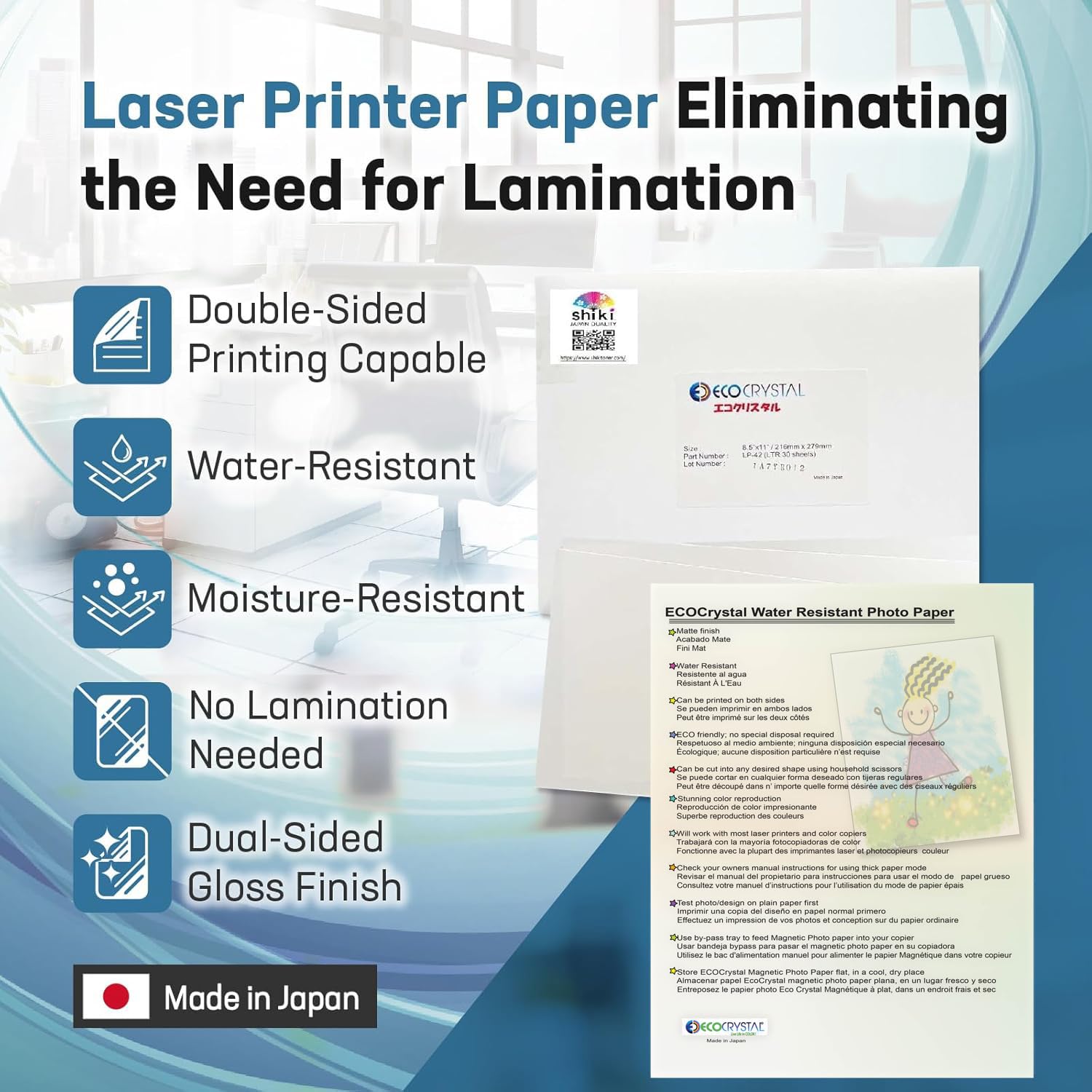 SHIKI Eco Crystal Water Resistant Laser Printer Copier Paper (without the need for laminating after printing) 30 Sheets (LTR) Made in Japan