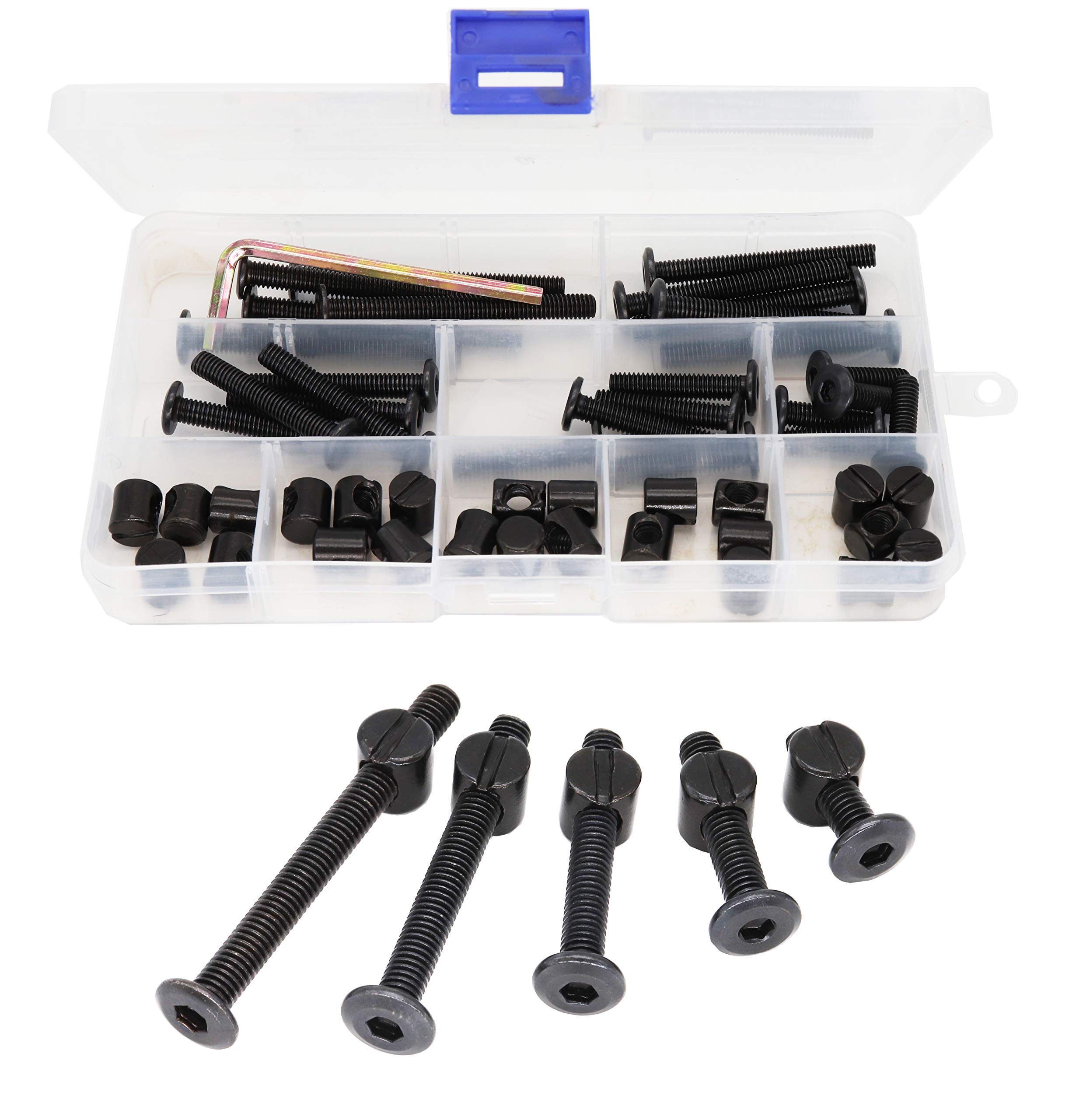 binifiMux 50pcs Crib Hardware Screws, M6 x 20mm/ 30mm/ 40mm/ 50mm/ 60mm Black Hex Socket Cap Bolts Barrel Nuts Assortment Kit for Cot Crib Bed Chairs