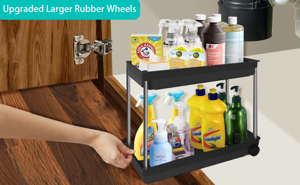 Durmmur [Upgrade Wheels] Under Sink Organizers and Storage, Slide Out Multi-Purpose 2 Tier Bathroom Organization Countertop or Undersink Shelf, Kitchen Under Cabinet Container Basket Caddy with Hooks