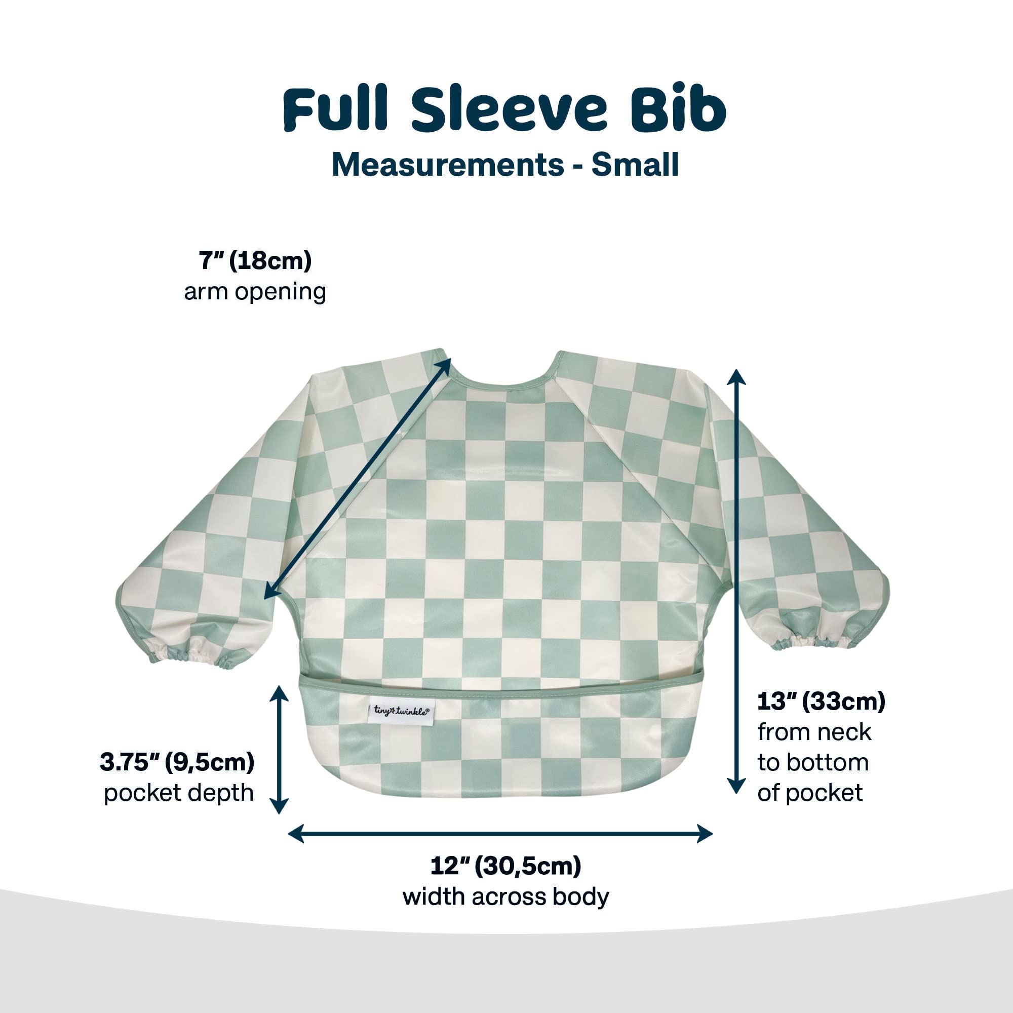 Tiny Twinkle Mess Proof Baby Bib, Cute Full Sleeve Bib Outfit, Waterproof Bibs for Toddlers, Machine Washable, Tug Proof, Baby Smock for Eating, Long Sleeved (Checkers Sage, Small 6-24 Months)