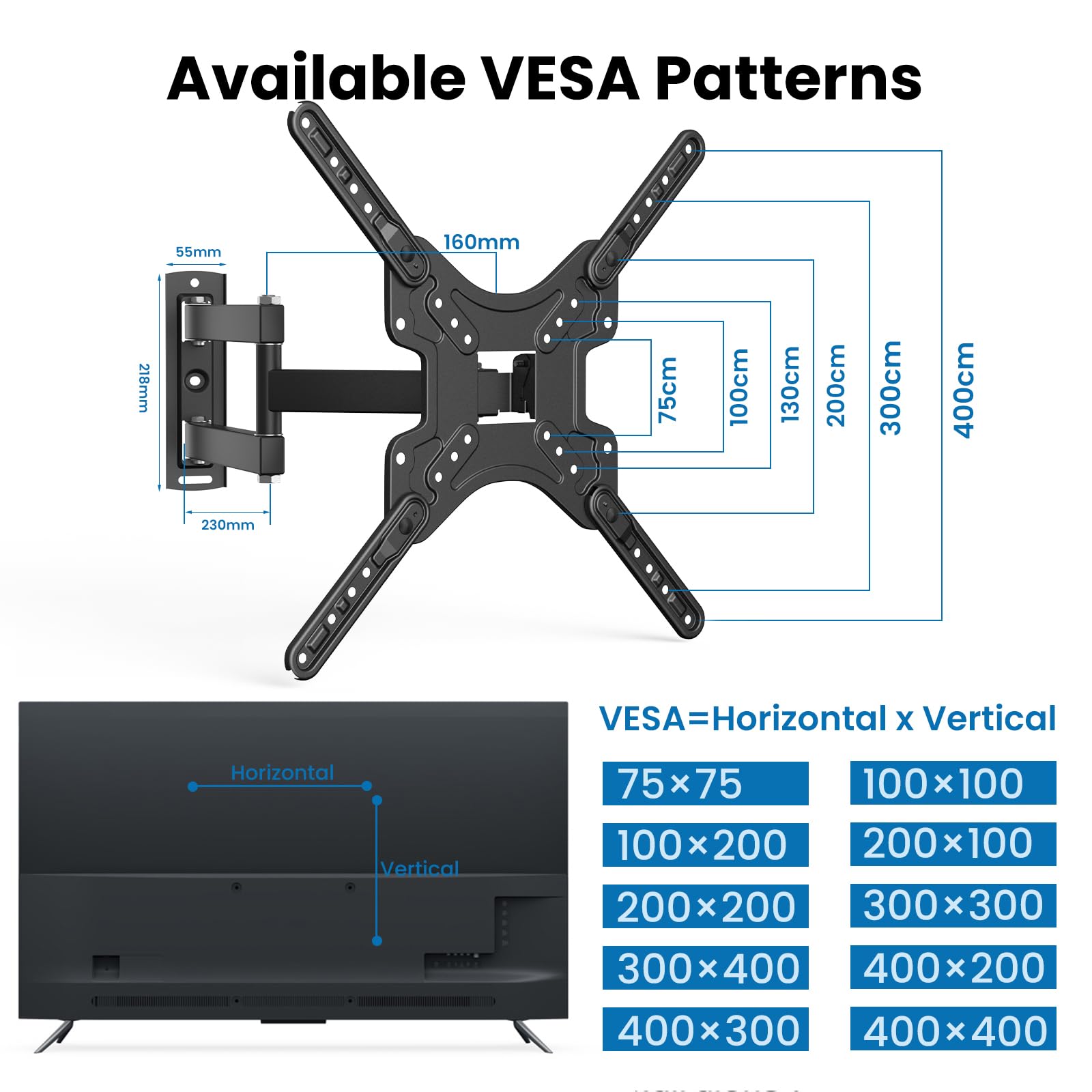 TV Wall Mount for Most 14-60 Inch TVs, Full Motion TV Mount with Perfect Center Design, Extension Tilt Swivel TV Mount Articulating Mount Max 400x400mm with Magnetic Remote Control Holder 2pcs