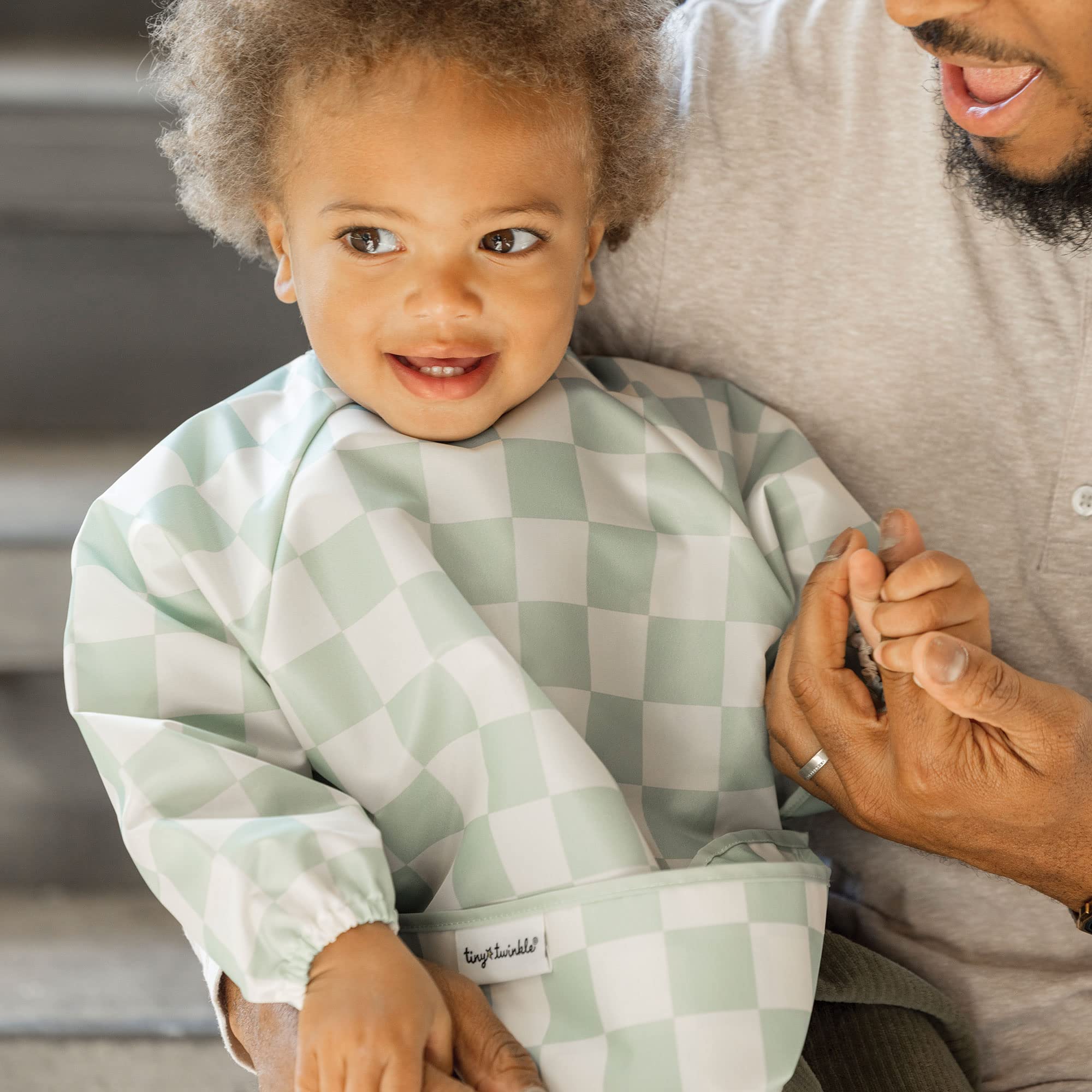 Tiny Twinkle Mess Proof Baby Bib, Cute Full Sleeve Bib Outfit, Waterproof Bibs for Toddlers, Machine Washable, Tug Proof, Baby Smock for Eating, Long Sleeved (Checkers Sage, Small 6-24 Months)