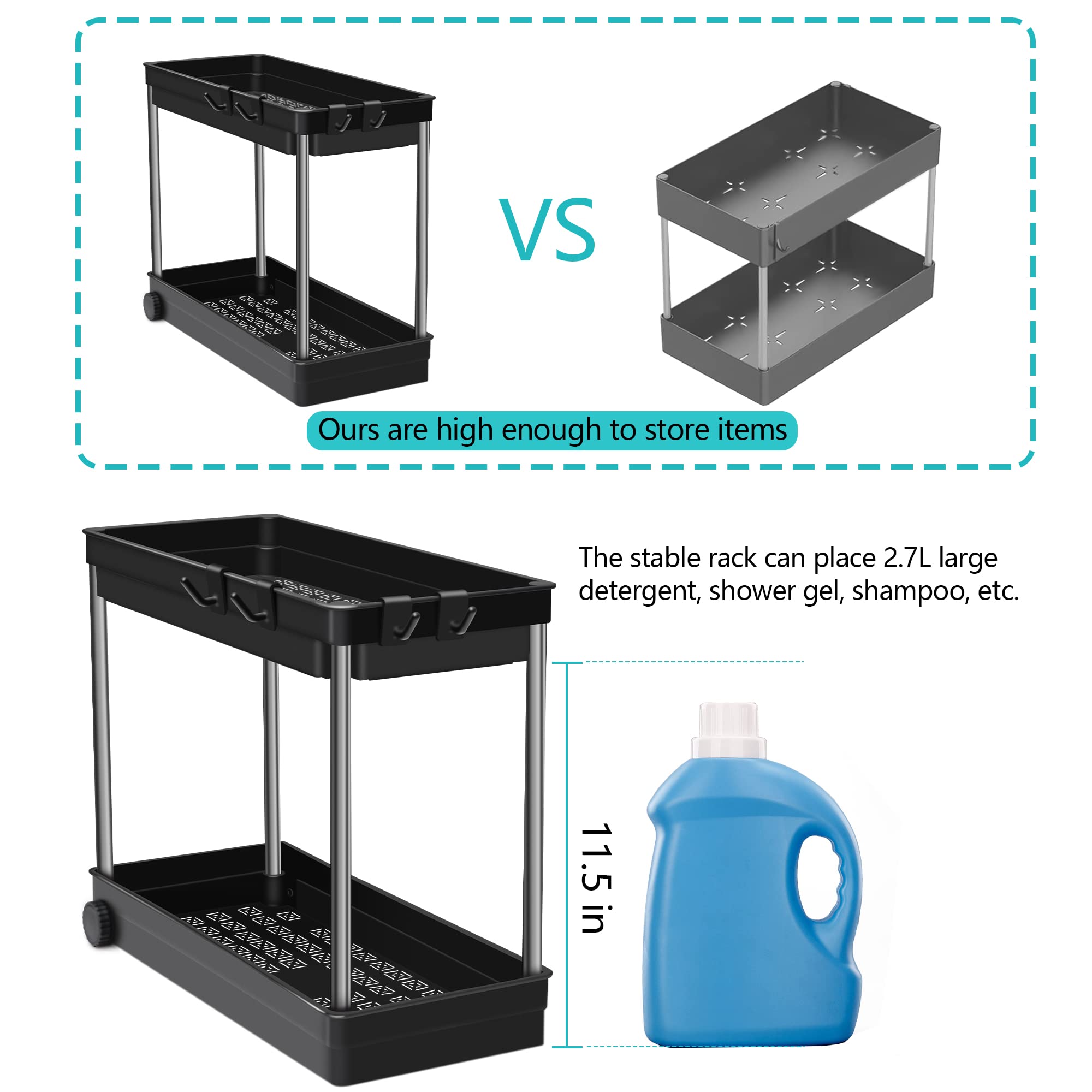 Durmmur [Upgrade Wheels] Under Sink Organizers and Storage, Slide Out Multi-Purpose 2 Tier Bathroom Organization Countertop or Undersink Shelf, Kitchen Under Cabinet Container Basket Caddy with Hooks
