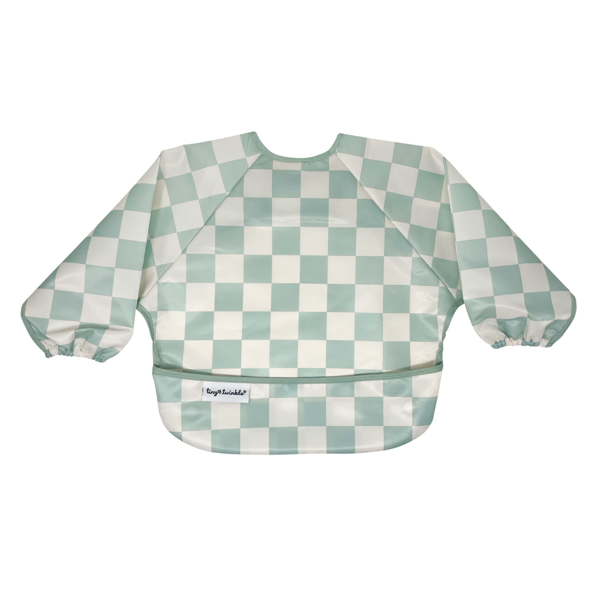 Tiny Twinkle Mess Proof Baby Bib, Cute Full Sleeve Bib Outfit, Waterproof Bibs for Toddlers, Machine Washable, Tug Proof, Baby Smock for Eating, Long Sleeved (Checkers Sage, Small 6-24 Months)