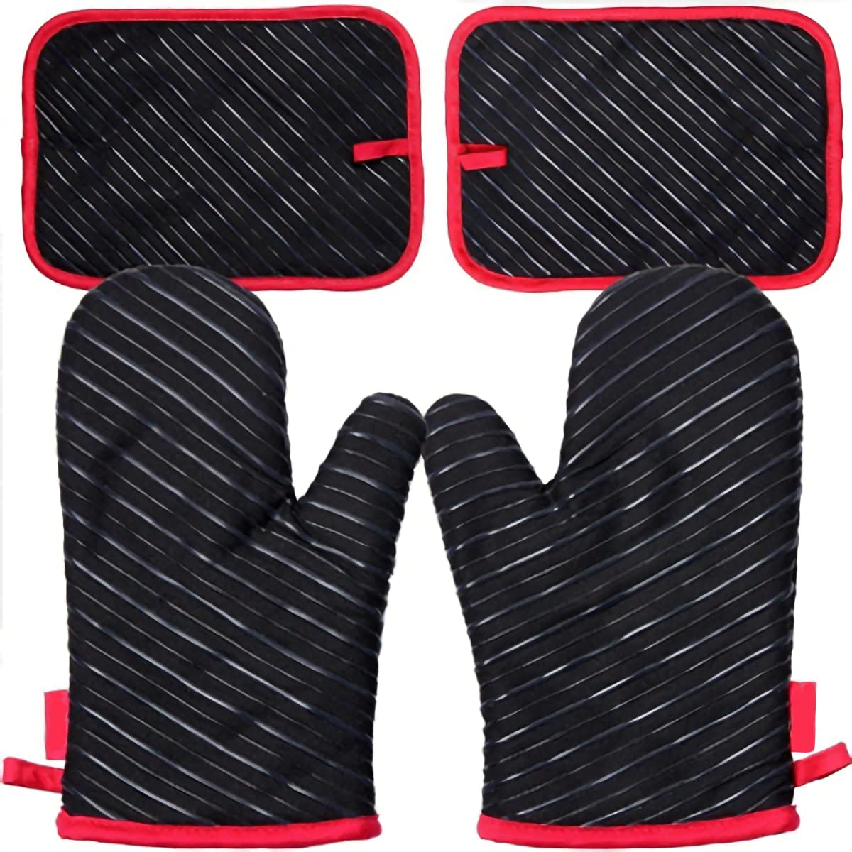 Oven Mitts Set of 4, Heat Resistant up to 572°F, Cotton Baking Gloves with Non-Slip Silicone, Cooking Gloves for Grilling and BBQ, Baking, Cooking, Black