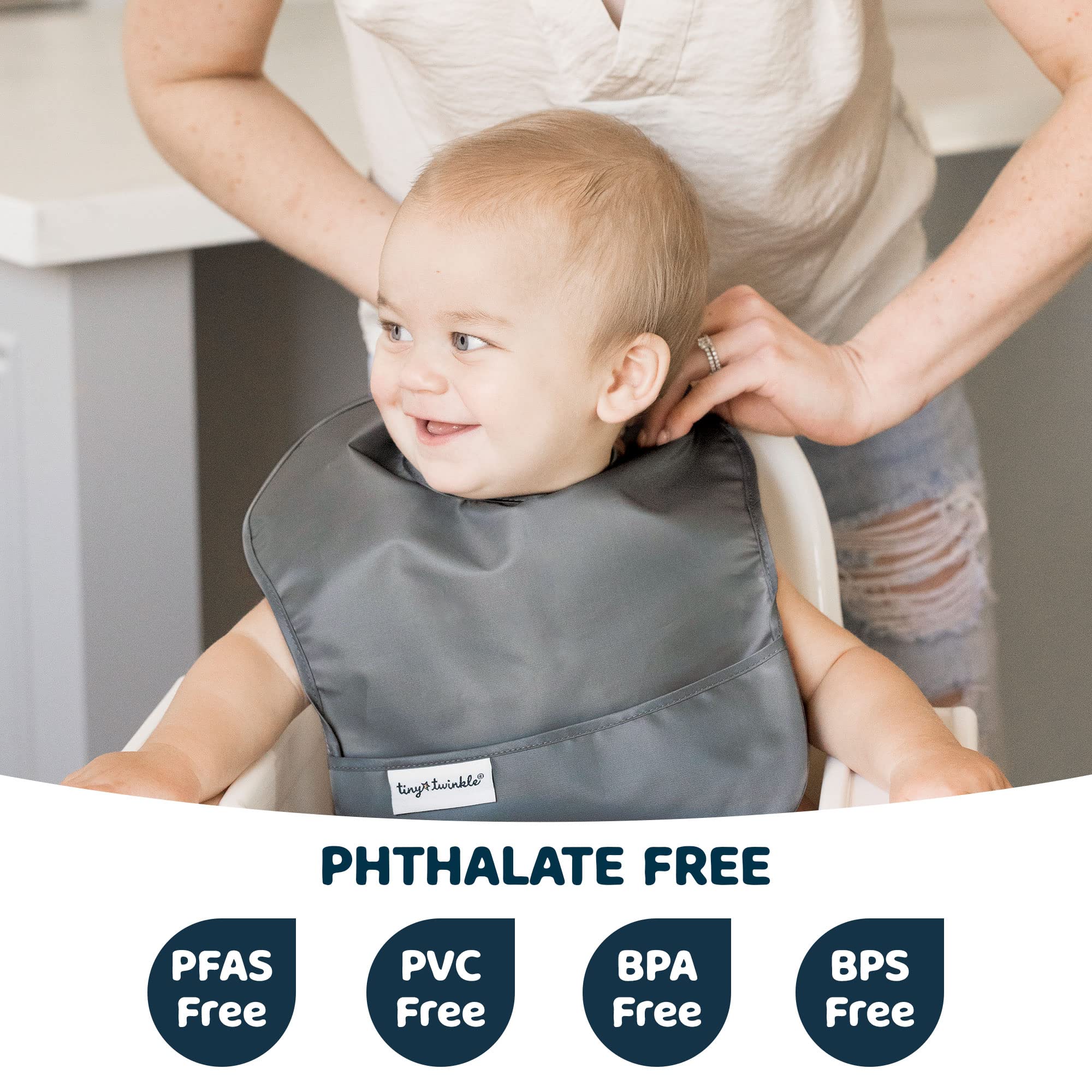 Tiny Twinkle Mess-Proof Baby Bib - Waterproof Bib for Baby Boy or Girl - Machine Washable - Adjustable Closure- PVC, BPA, & Phthalate Free - Great for Travel - Baby Food Bibs (3 Pack, Sage, Charcoal)