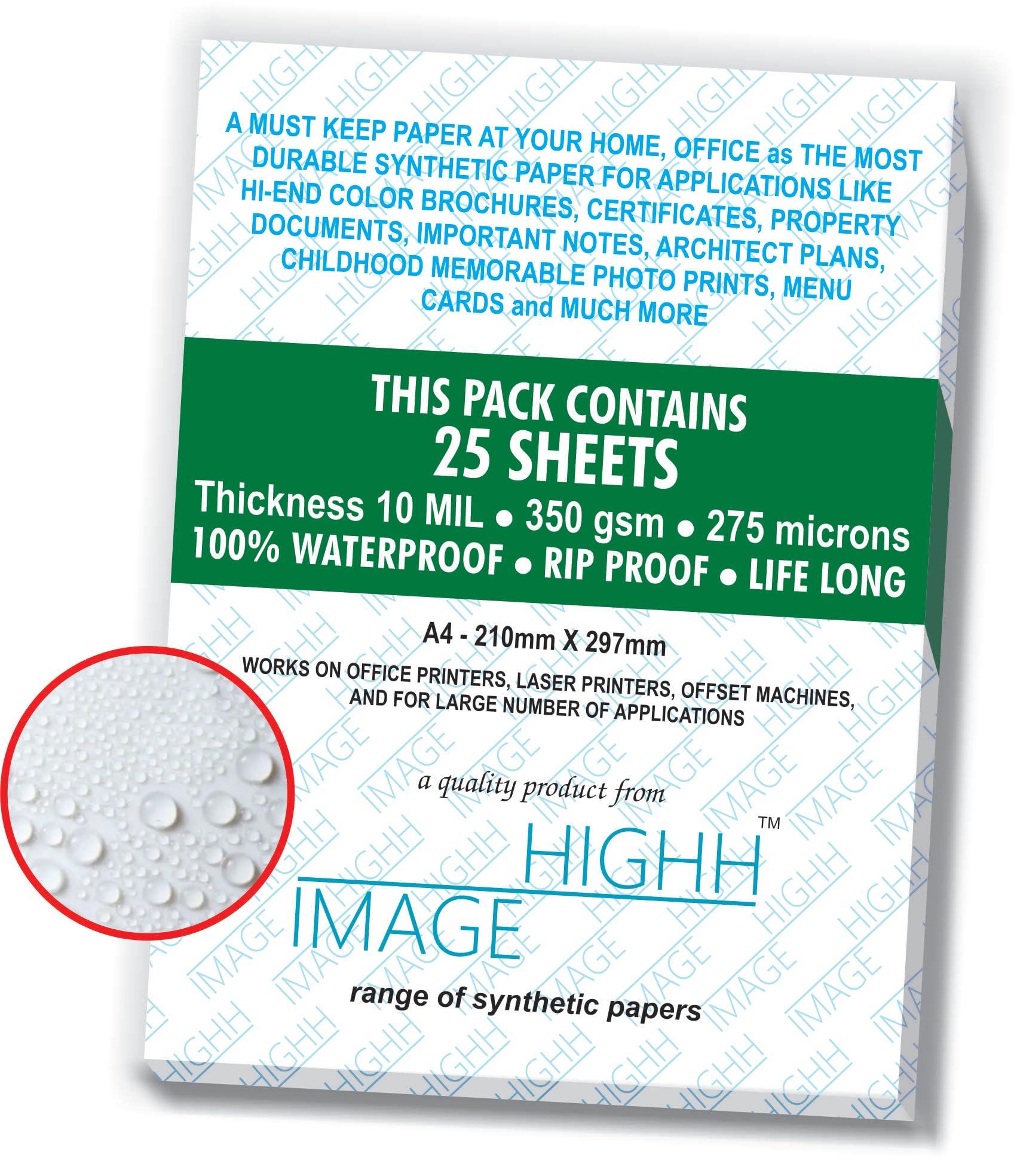 WATERPROOF PAPER | 25 SHEETS, THICKNESS 10 MIL LB, 225 LB, 275 MICRONS SYNTHETIC PAPER, 8.5X11 from HIGHH IMAGE | PRINT WITH LASER PRINTERS | Not for Inkjet Printers.