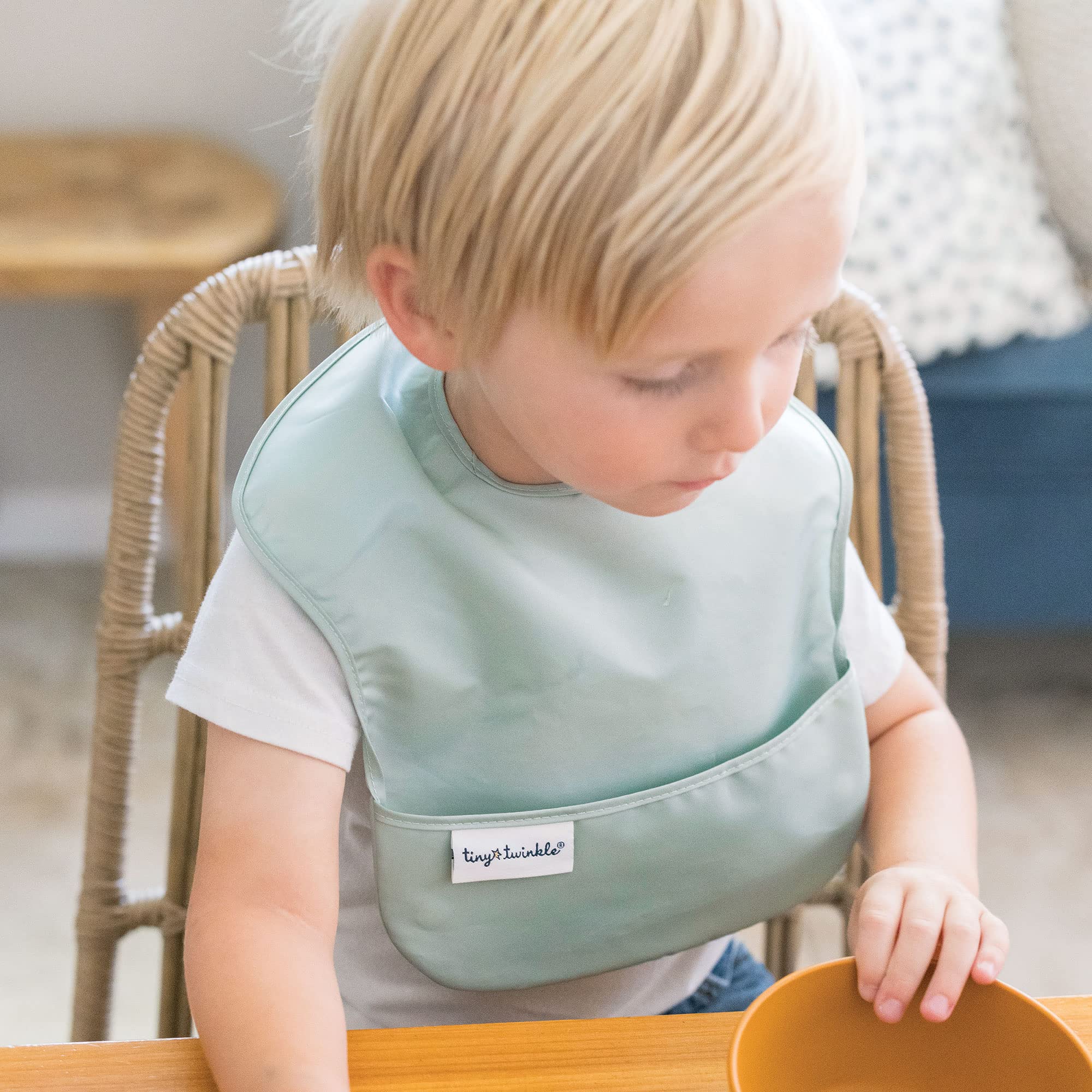Tiny Twinkle Mess-Proof Baby Bib - Waterproof Bib for Baby Boy or Girl - Machine Washable - Adjustable Closure- PVC, BPA, & Phthalate Free - Great for Travel - Baby Food Bibs (3 Pack, Sage, Charcoal)