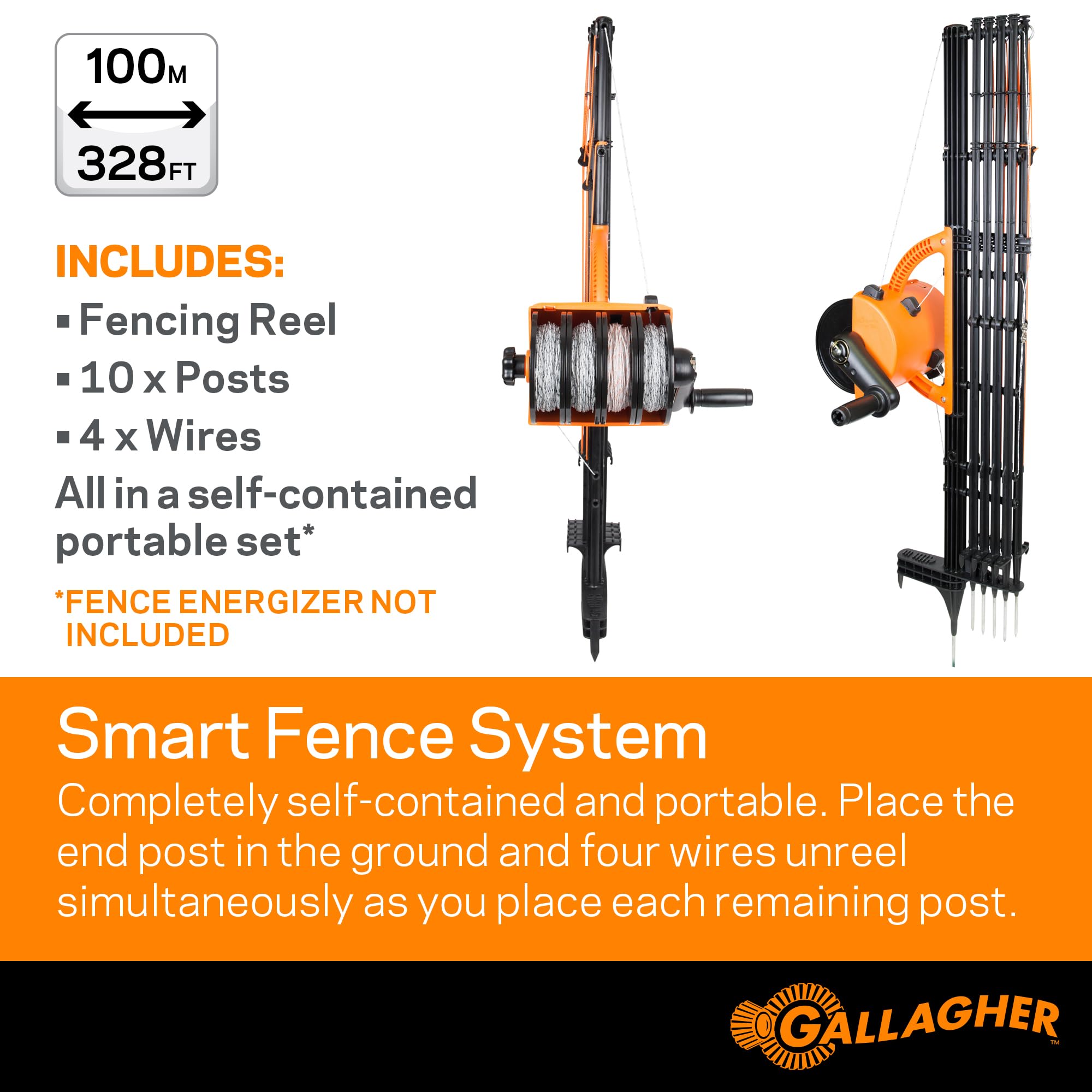 Gallagher Smart Fence 2 | Portable Fence for Containing Animals, Temporary Field Fencing, Quick and Easy Install, Safe and Versatile | 328ft of 4-Strand Electric Fencing