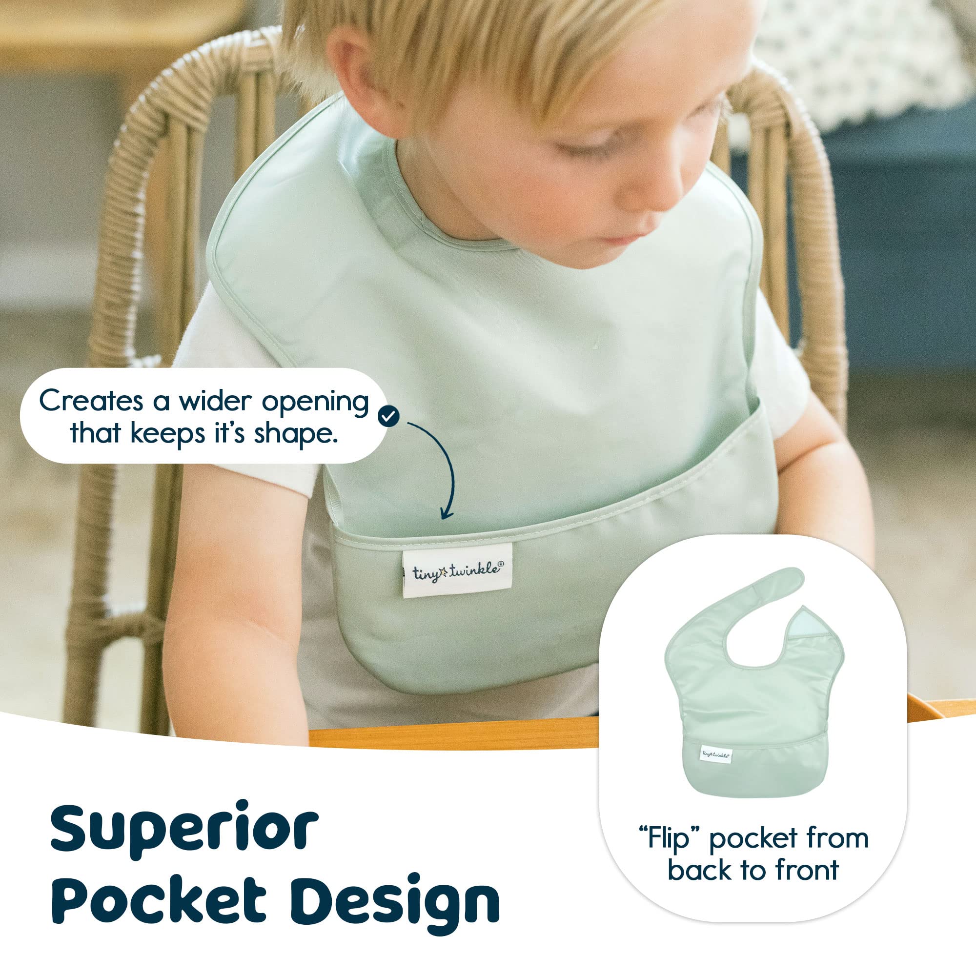 Tiny Twinkle Mess-Proof Baby Bib - Waterproof Bib for Baby Boy or Girl - Machine Washable - Adjustable Closure- PVC, BPA, & Phthalate Free - Great for Travel - Baby Food Bibs (3 Pack, Sage, Charcoal)