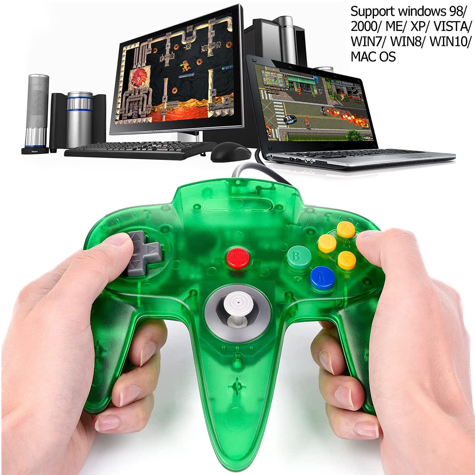 2 Pack Classic N64 Controller, miadore N64 Wired USB PC Game pad Joystick, N64 Bit USB Wired Game Stick Joy pad Controller for Windows PC MAC Linux Raspberry Pi 3 Sega Genesis (Clear Green/Black)