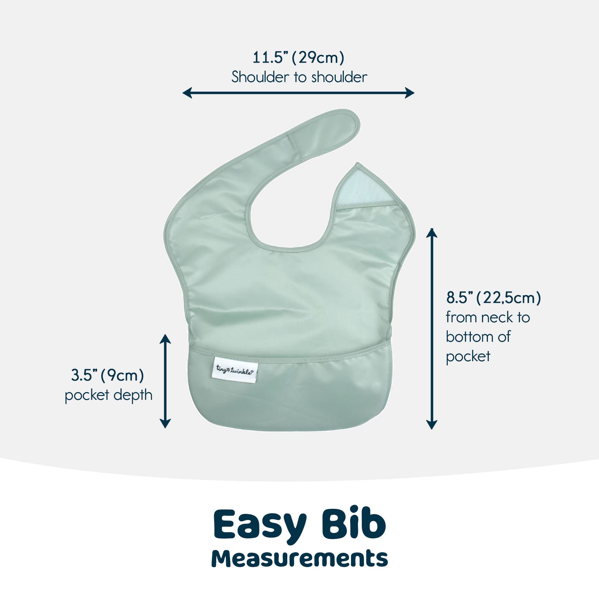 Tiny Twinkle Mess-Proof Baby Bib - Waterproof Bib for Baby Boy or Girl - Machine Washable - Adjustable Closure- PVC, BPA, & Phthalate Free - Great for Travel - Baby Food Bibs (3 Pack, Sage, Charcoal)