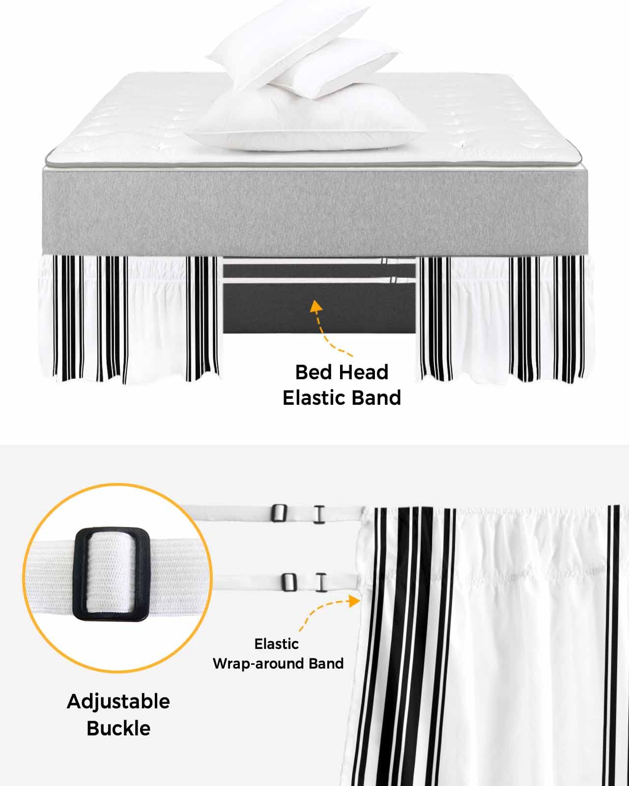 Black Stripes Bed Skirt Queen Size 18 Inch Drop,Adjustable & Elastic Wrap Around Bed Skirts Pleated Luxury Dust Ruffles for Twin Full Queen Cal King Bed,Traditional Bohemian Geometric Art Decor White